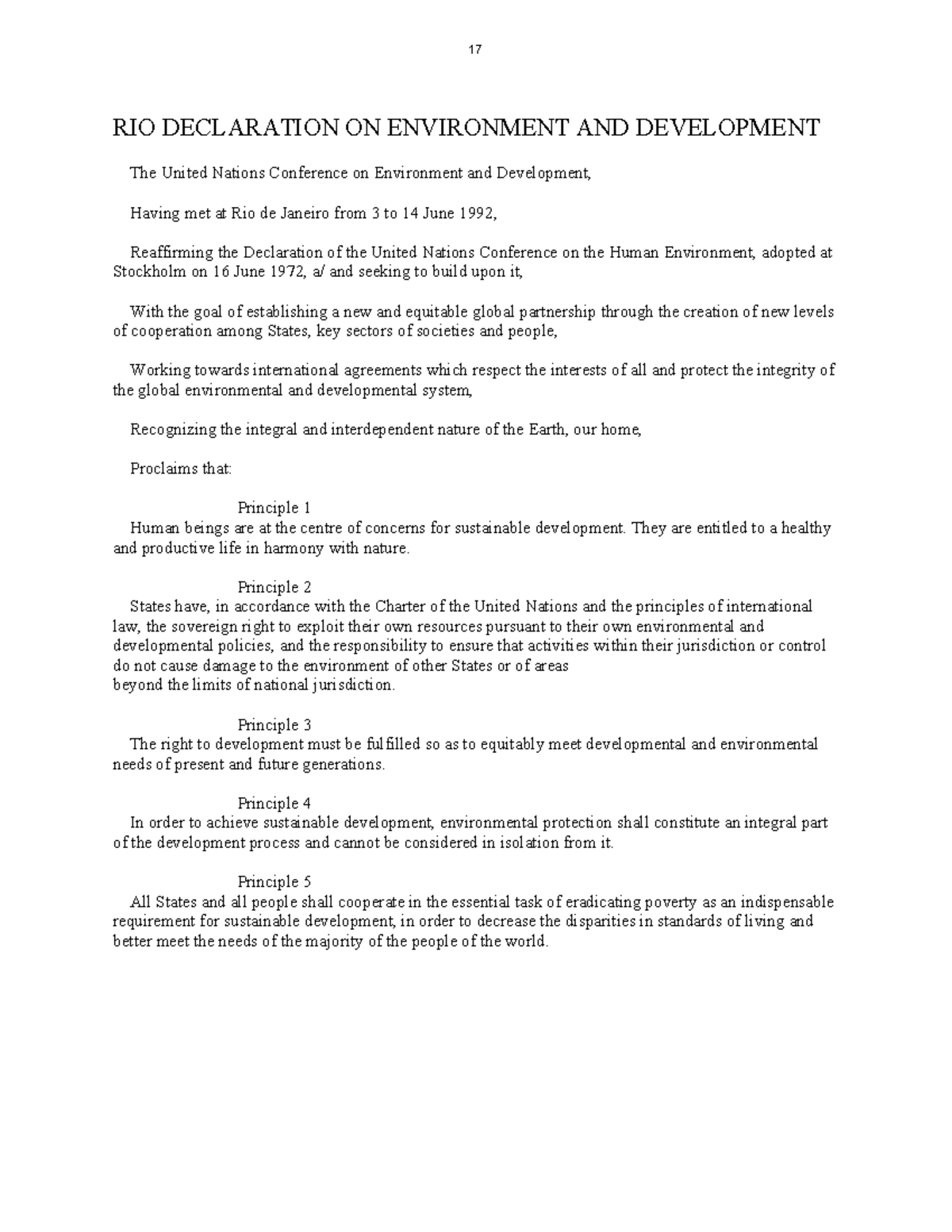 The Rio Declaration on Environment and Development, United Nations ...