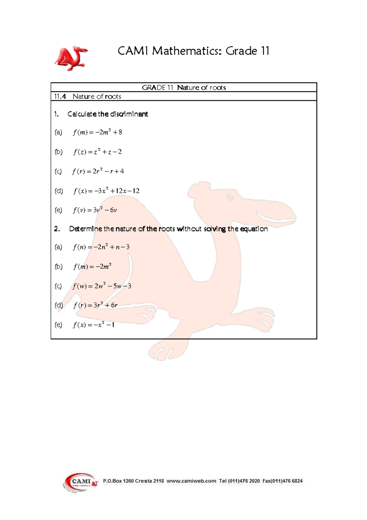 Grade 11 Nature of roots - - Studocu