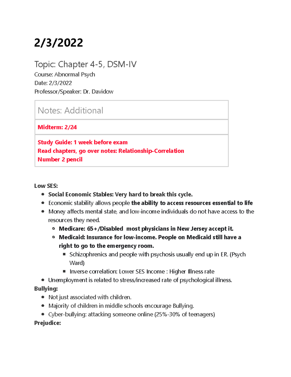 Abnormal Psychology Unit 1 Chapters 1-4 - 2/3/ Topic: Chapter 4-5, DSM ...