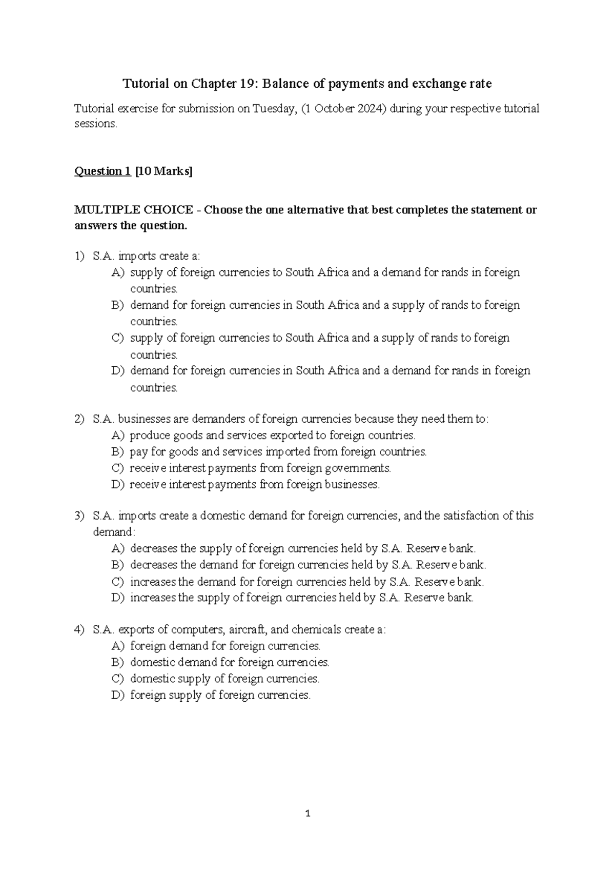 Tutorial on Chapter 19 Balance of payments and exchange rate - Question ...