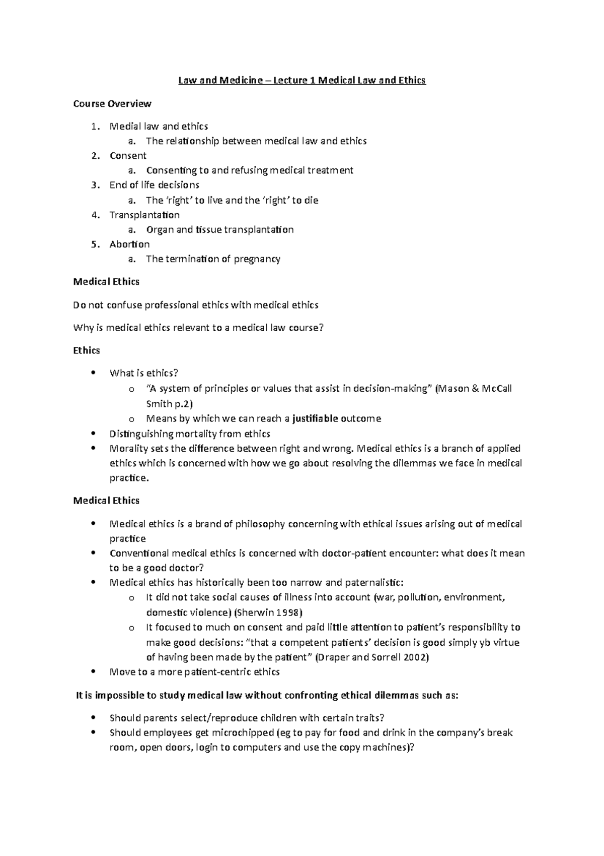 Medical Law Lecture 1 - Medical Ethics - Law and Medicine – Lecture 1 ...