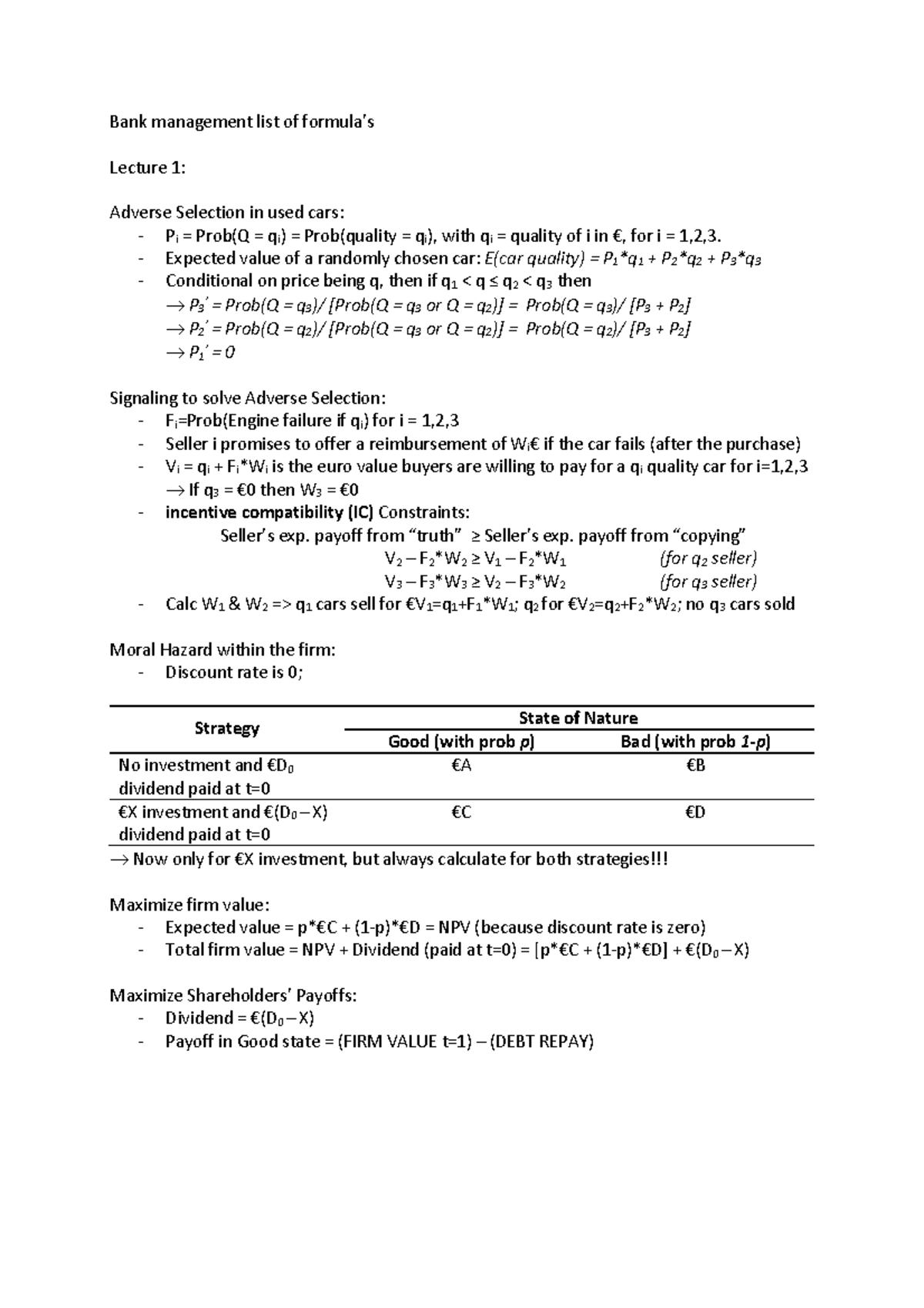 Bank management formula's Practice Session 1 - Bank management list of ...