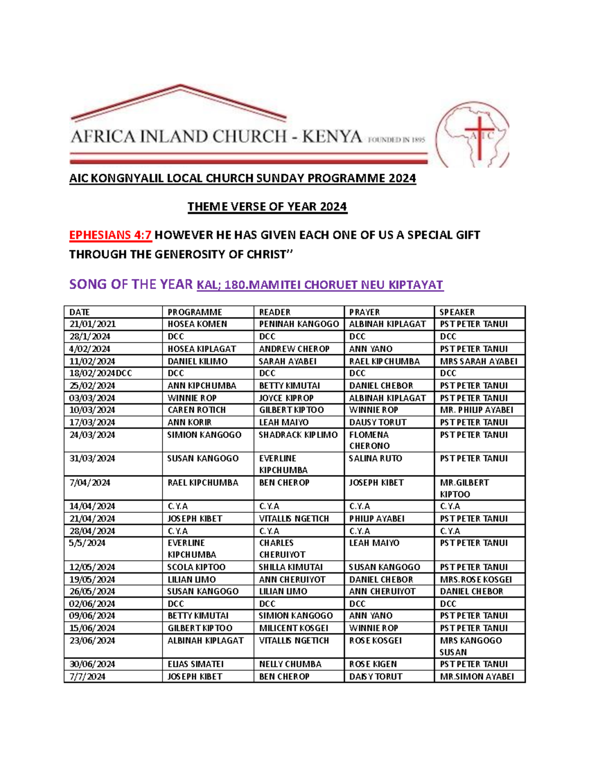 Pdf 2024 - AIC KONGNYALIL LOCAL CHURCH SUNDAY PROGRAMME 2024 THEME ...