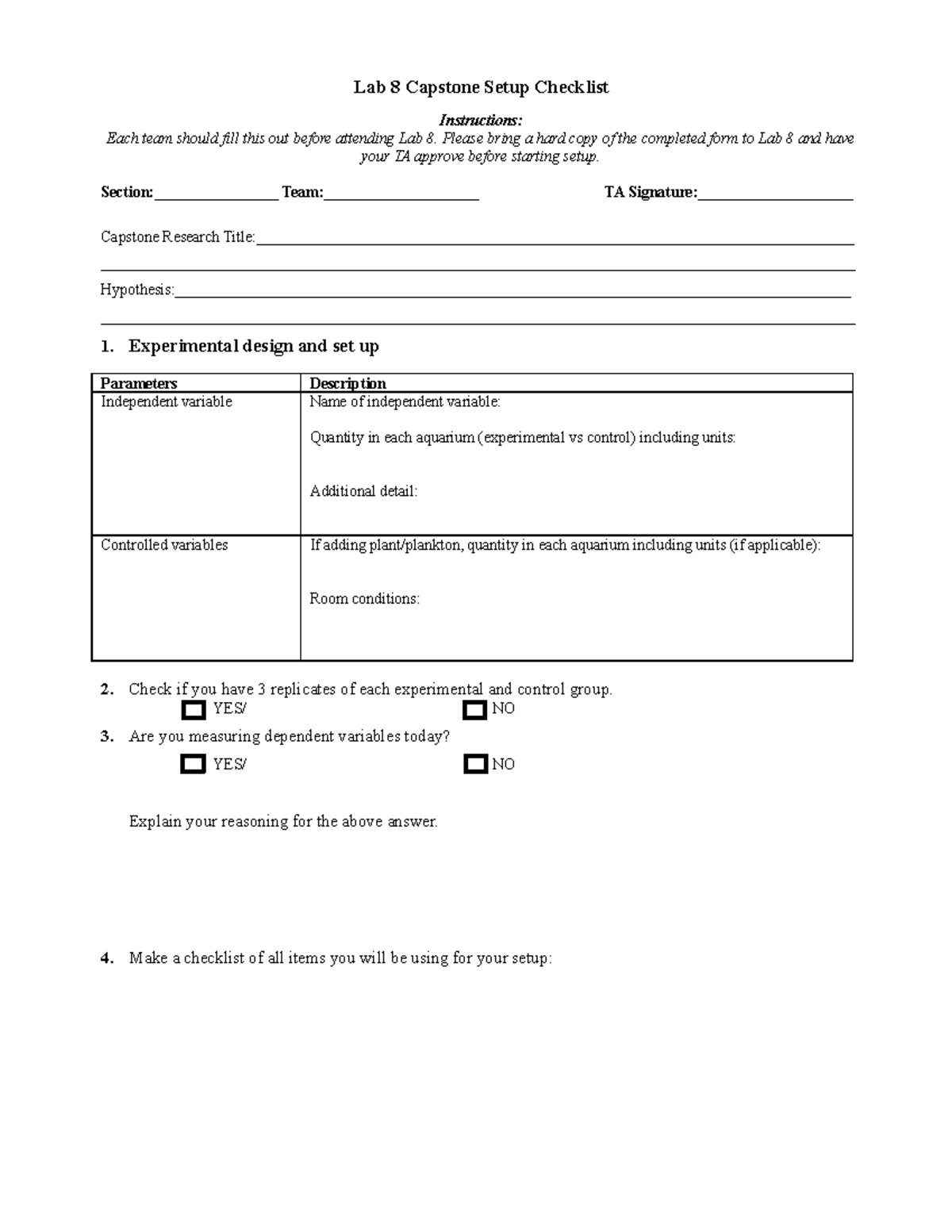 Lab 8 Capstone Setup Checklist - Lab 8 Capstone Setup Checklist Instructions: Each team should ...