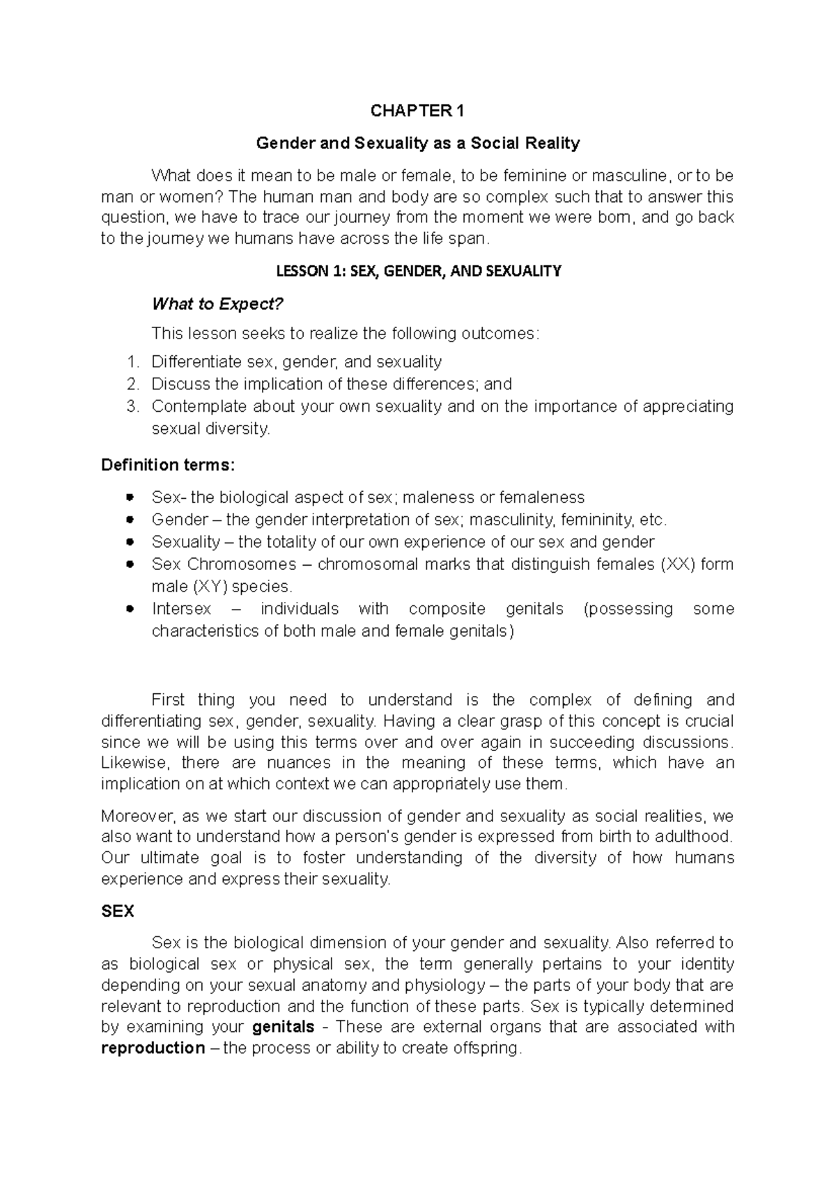 Lesson 1 Gender AND Sexuality - CHAPTER 1 Gender and Sexuality as a ...