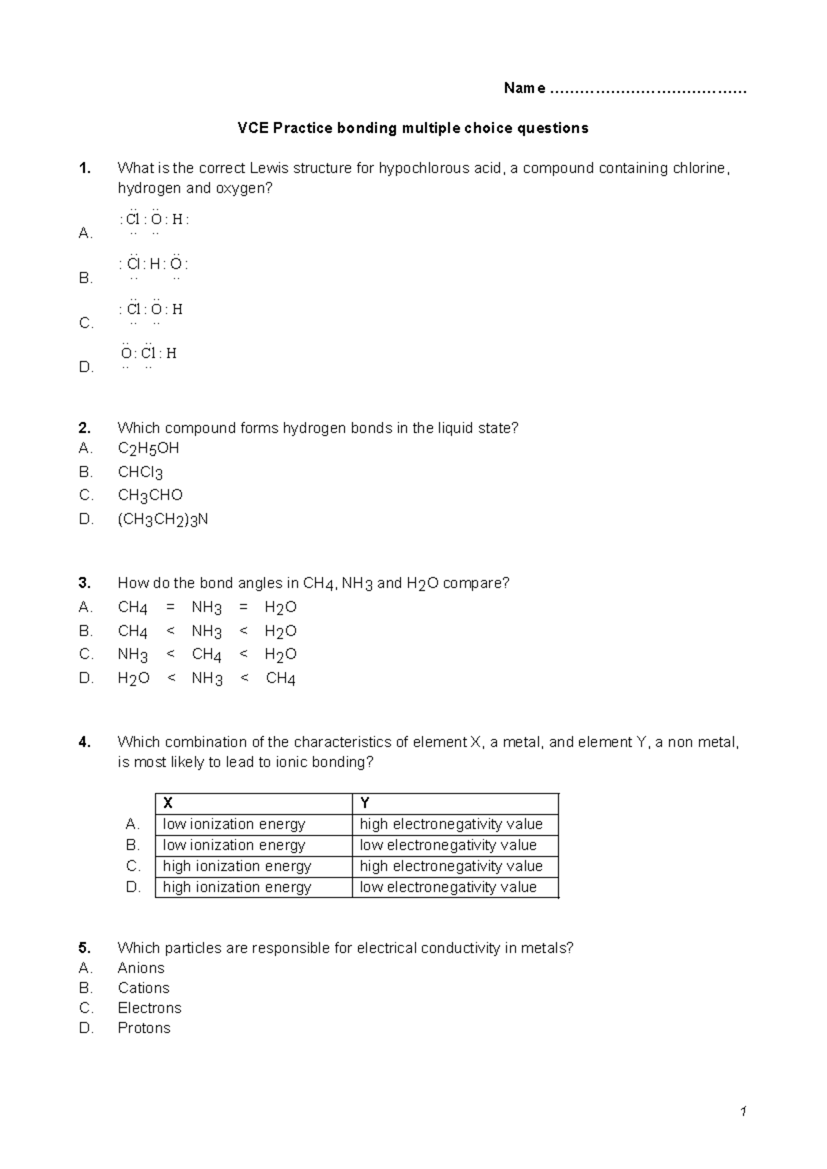 chemistry practise bonding - Name ...