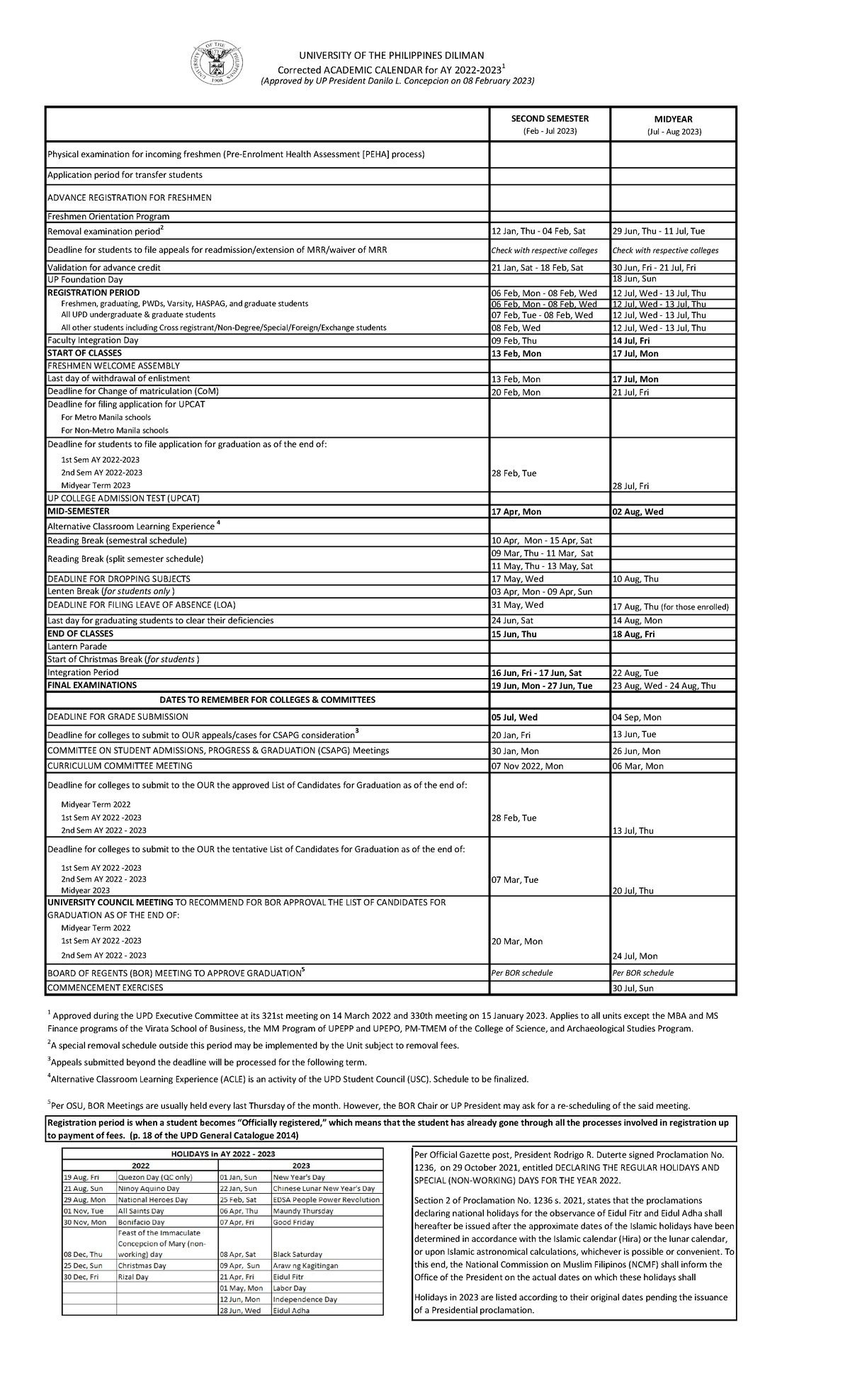 ACAD CAL 2022-2023cor - Every day subjects Holidays and program ...