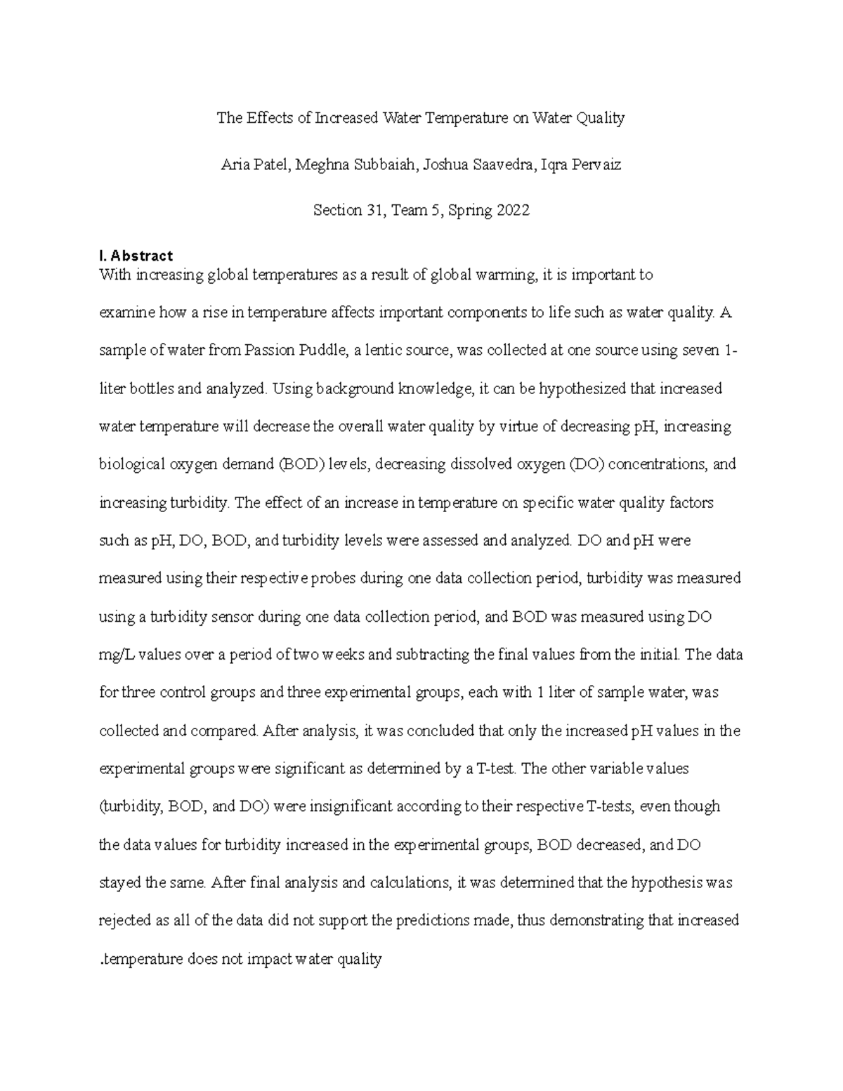 Research Paper - Abstract and Title - The Effects of Increased Water ...