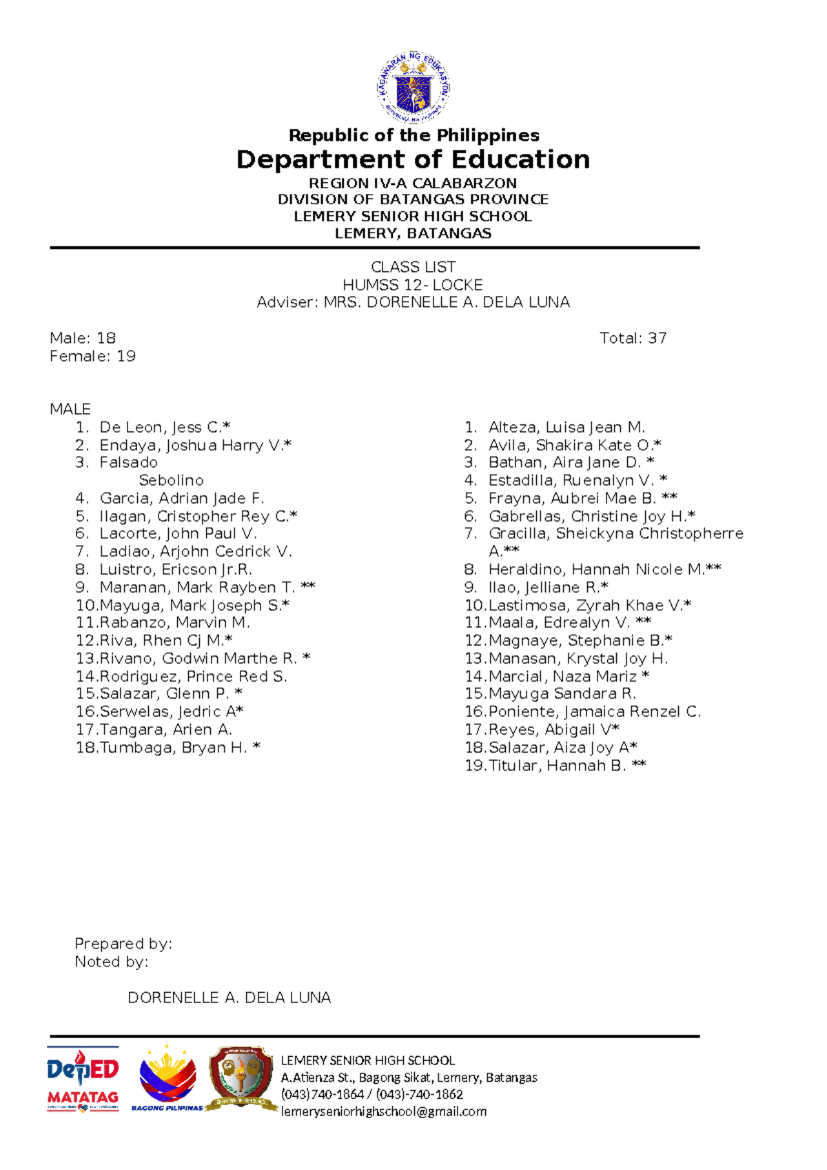 HUMSS12 Locke Class List - LEMERY SENIOR HIGH SCHOOL A St., Bagong ...