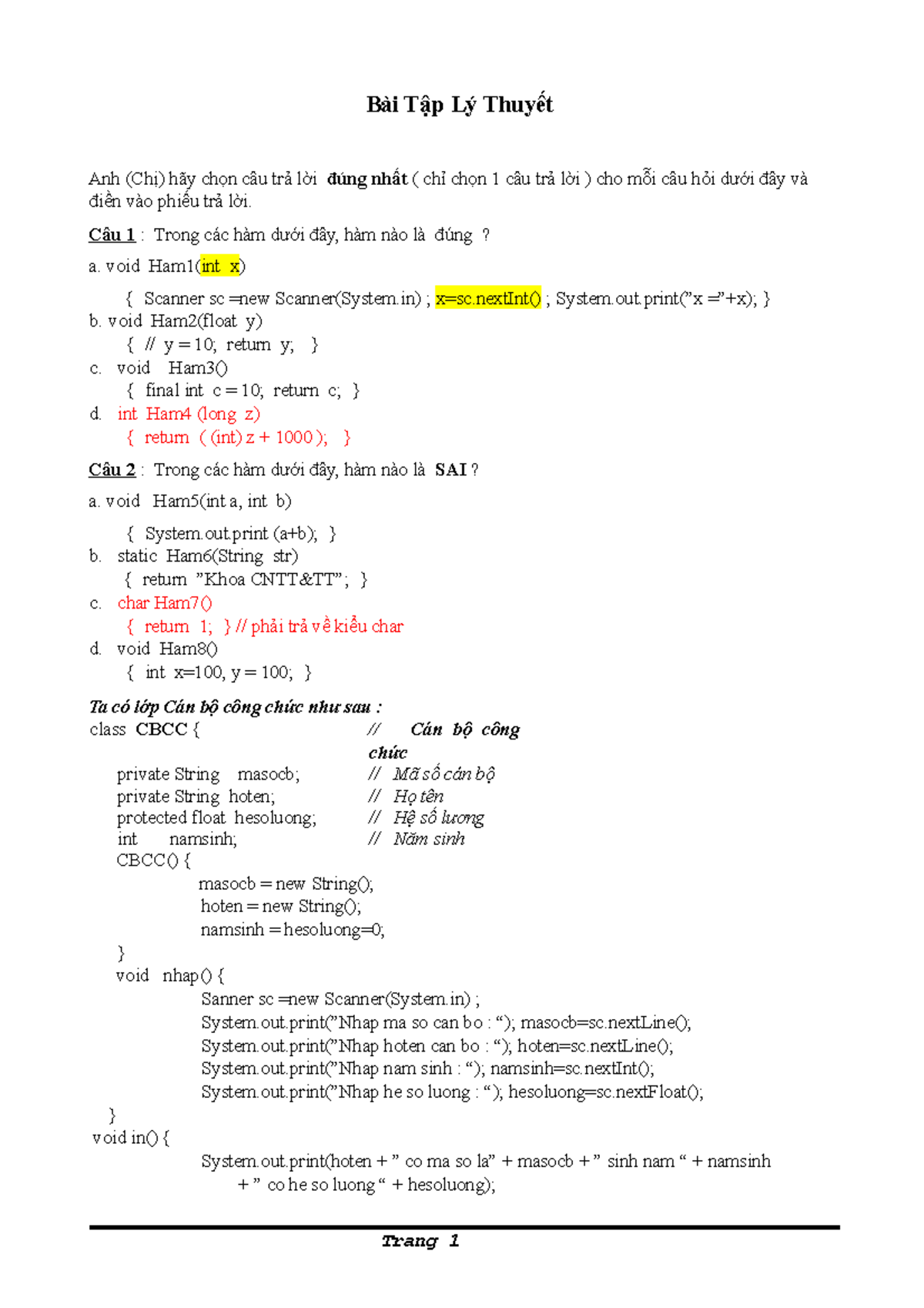 Bai Tap Ly Thuyet Java 2021 - Bài Tập Lý Thuyết Anh (Chị) hãy chọn câu trả lời đúng nhất ( chỉ ...
