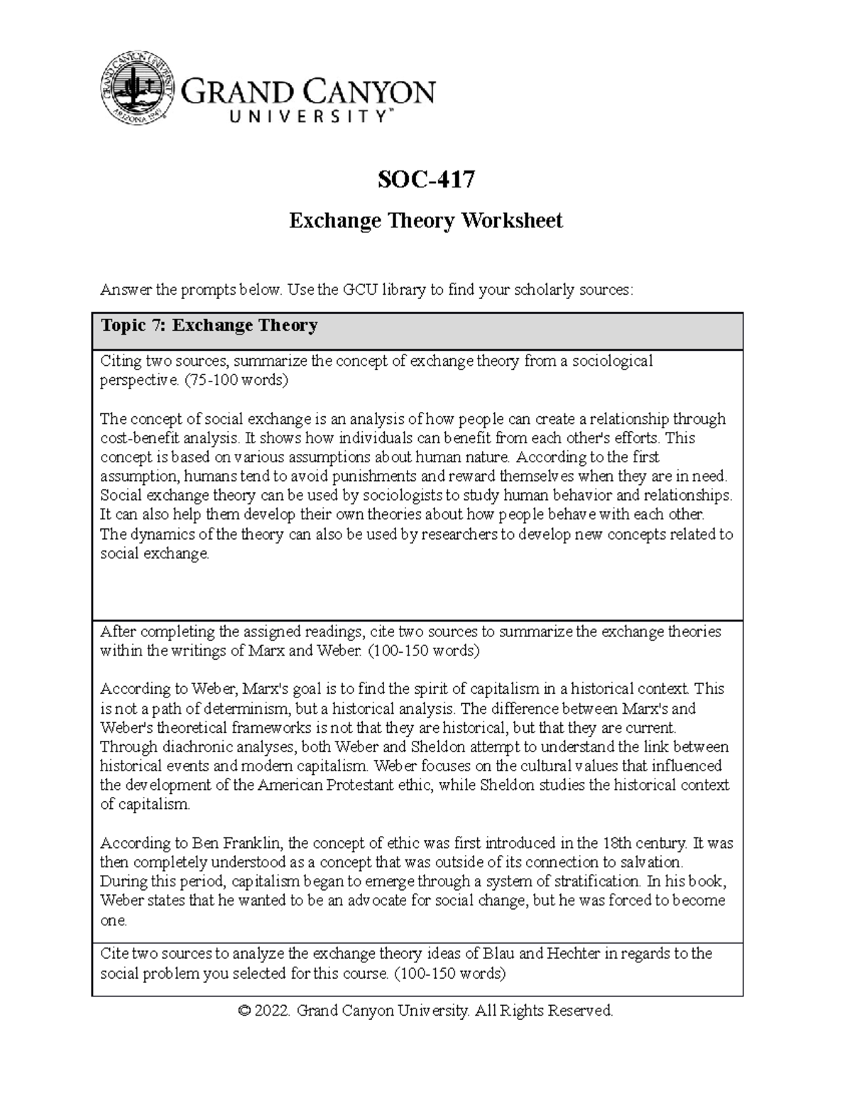 SOC-417 - none - SOC- Exchange Theory Worksheet Answer the prompts ...