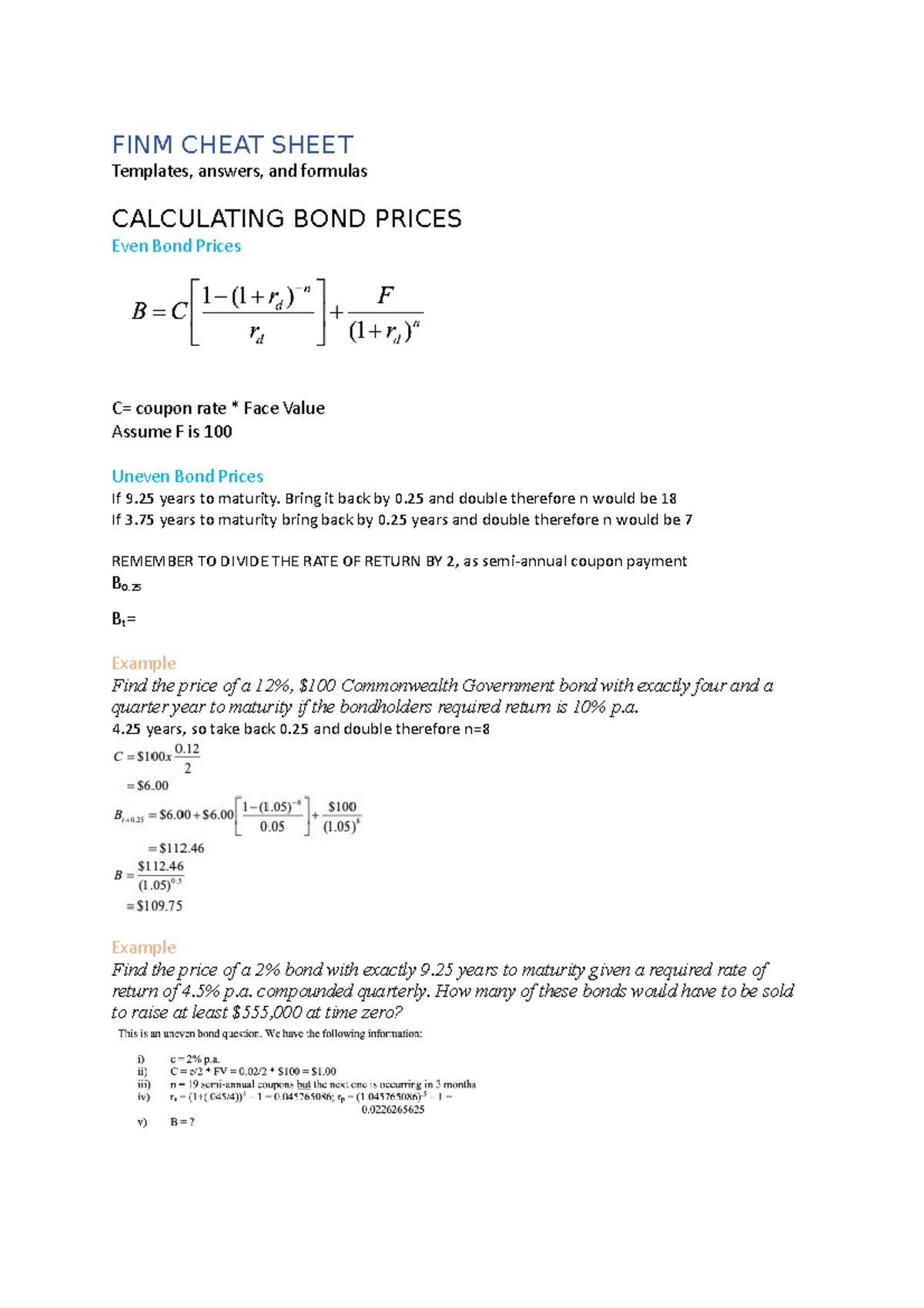 FINM Cheat Sheet - Summary notes from finance 1001, covers all bases ...