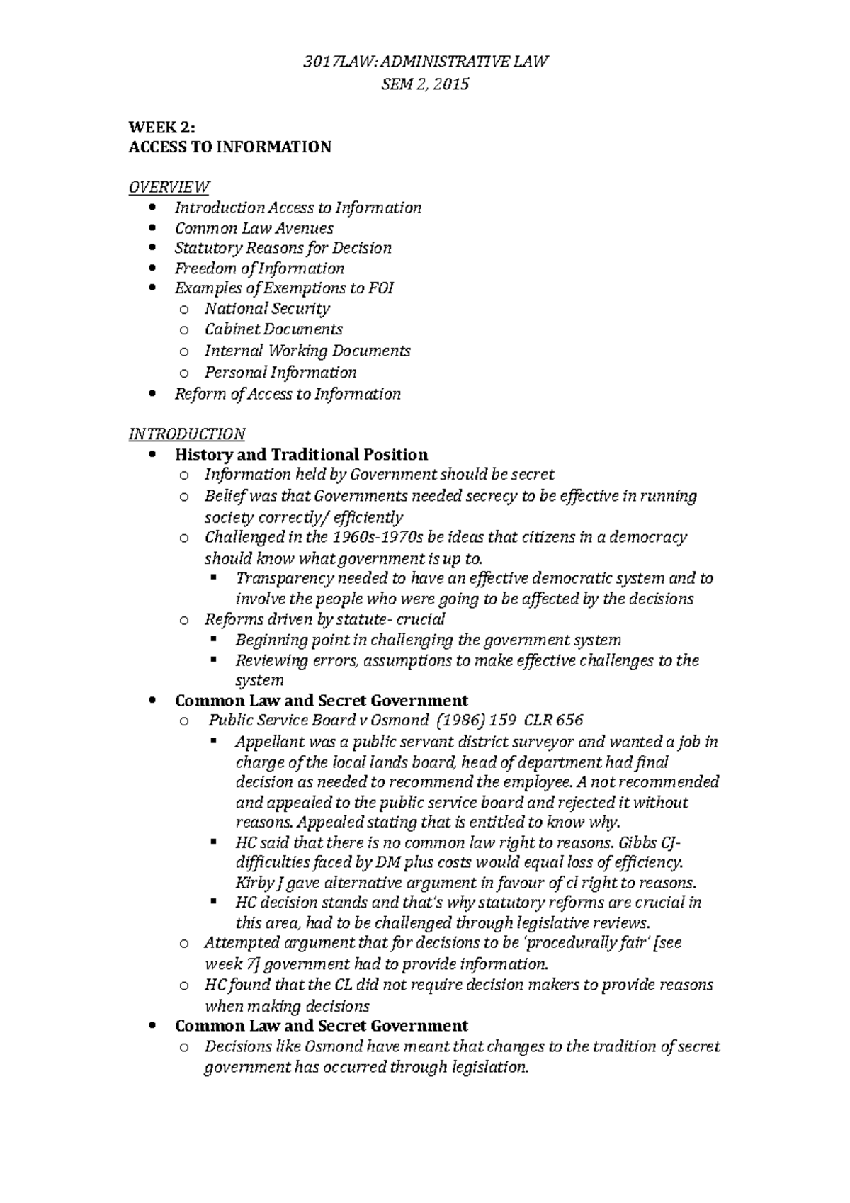 Admin Law Review Notes - SEM 2, 2015 WEEK 2: ACCESS TO INFORMATION ...