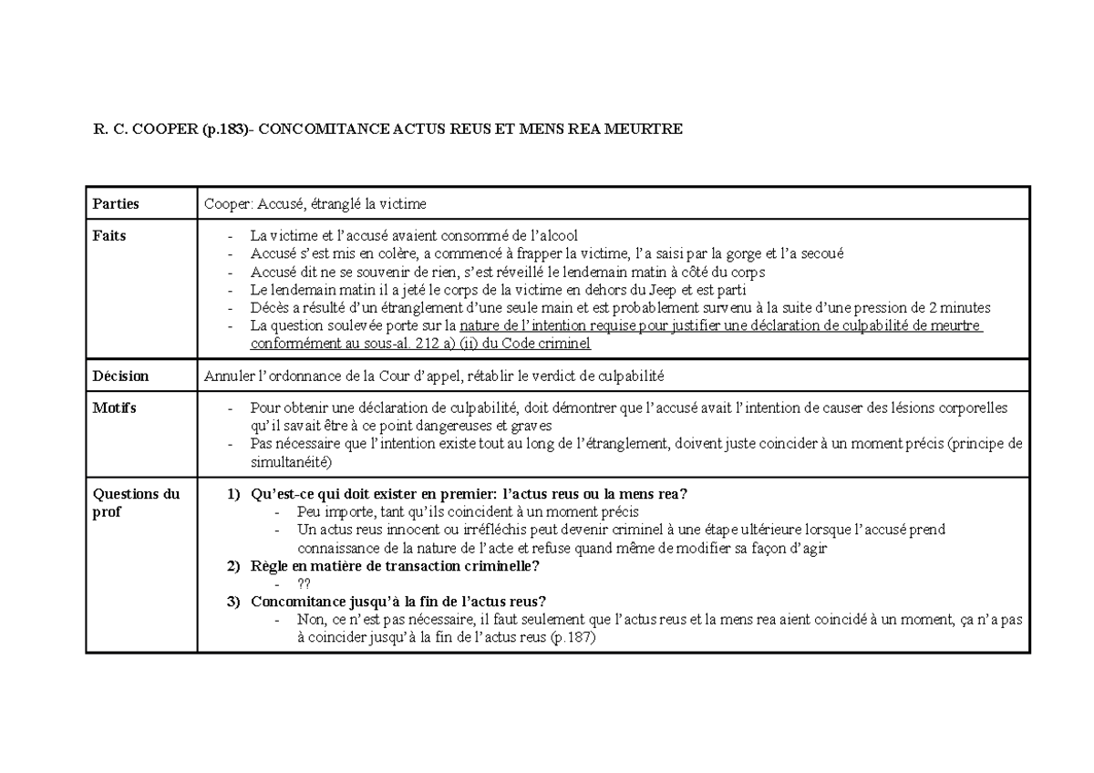 Résumé R c. Cooper - R. C. COOPER (p)- CONCOMITANCE ACTUS REUS ET MENS ...