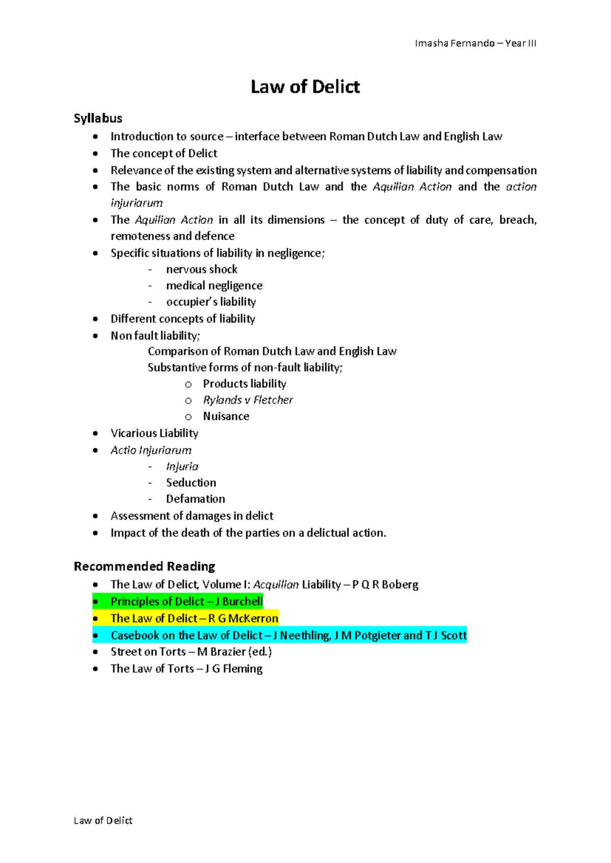 1. Delict - Introduction and Development - Law of Delict Syllabus ...