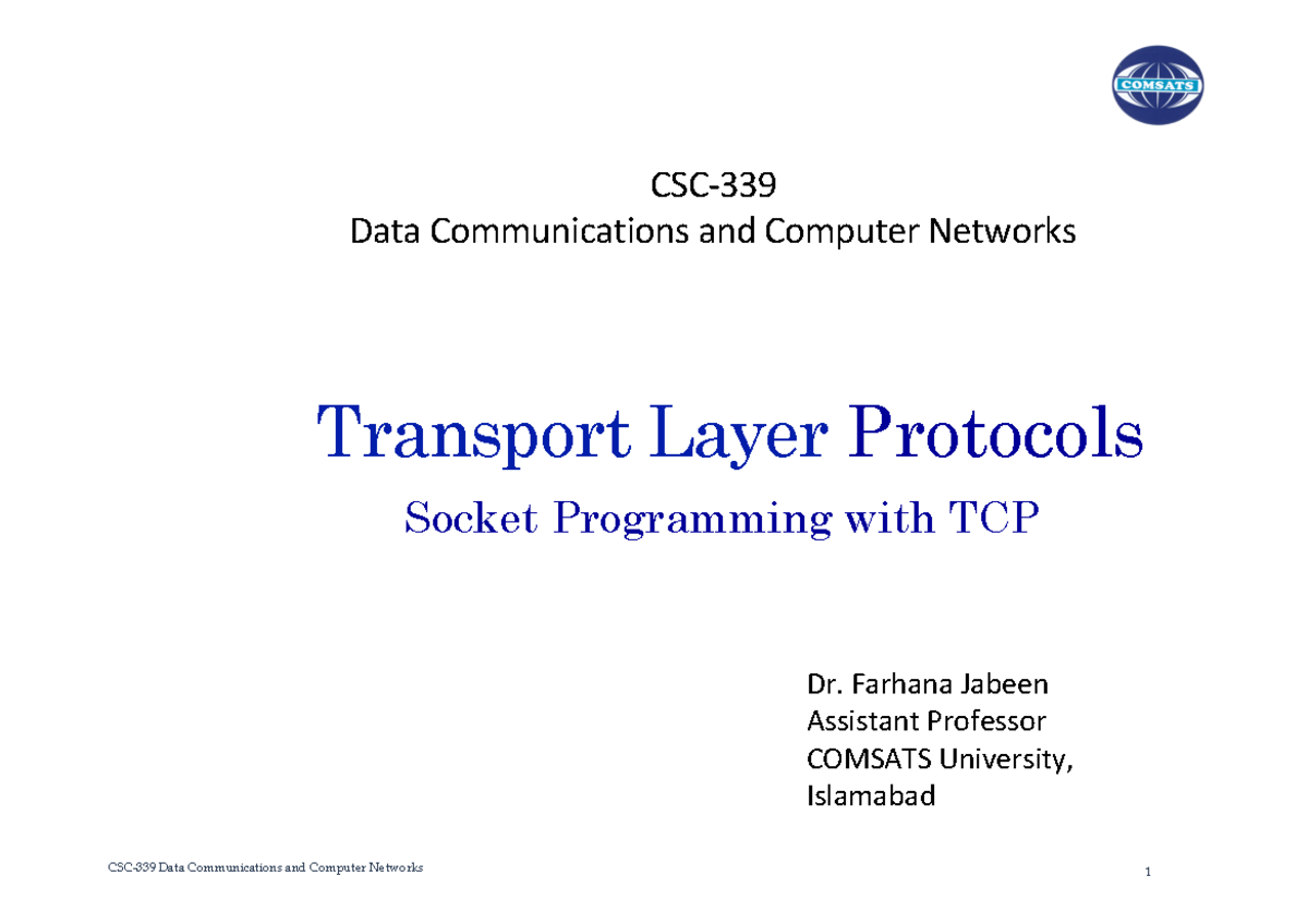 Lecture 14 - HANDOUT - Transport Layer Protocols Socket Programming ...