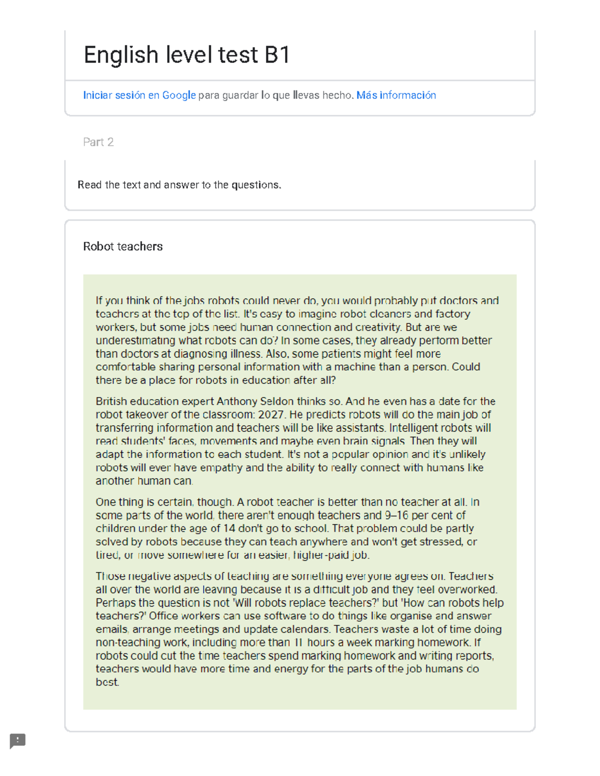 English level test B1 - examen preaparacion b1 - Part 2 Read the text ...