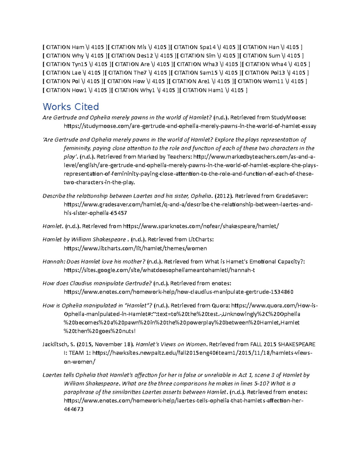 Hamlet Citations - lecture notes - [ CITATION Ham \l 4105 ][ CITATION ...