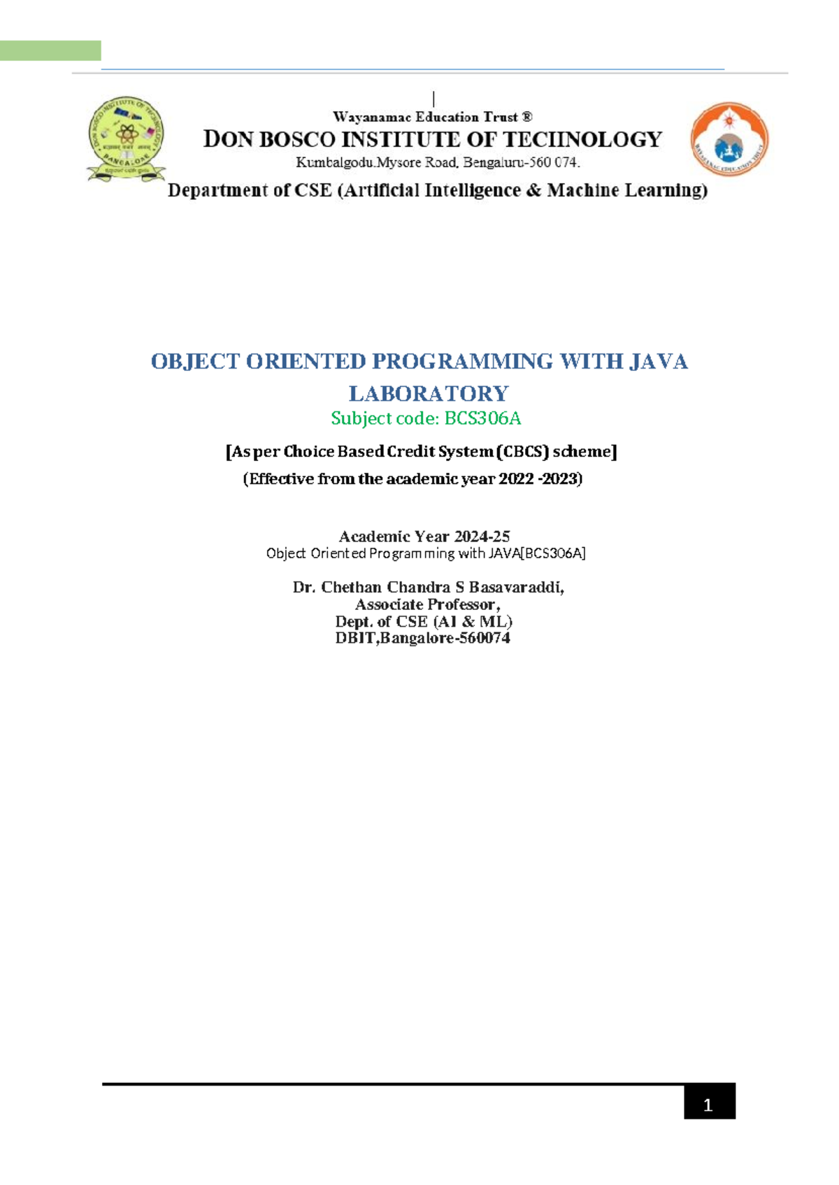 Chethanjavalabmanualbcs 306a-240916163923-00b3cb9c - 1 OBJECT ORIENTED PROGRAMMING WITH JAVA ...