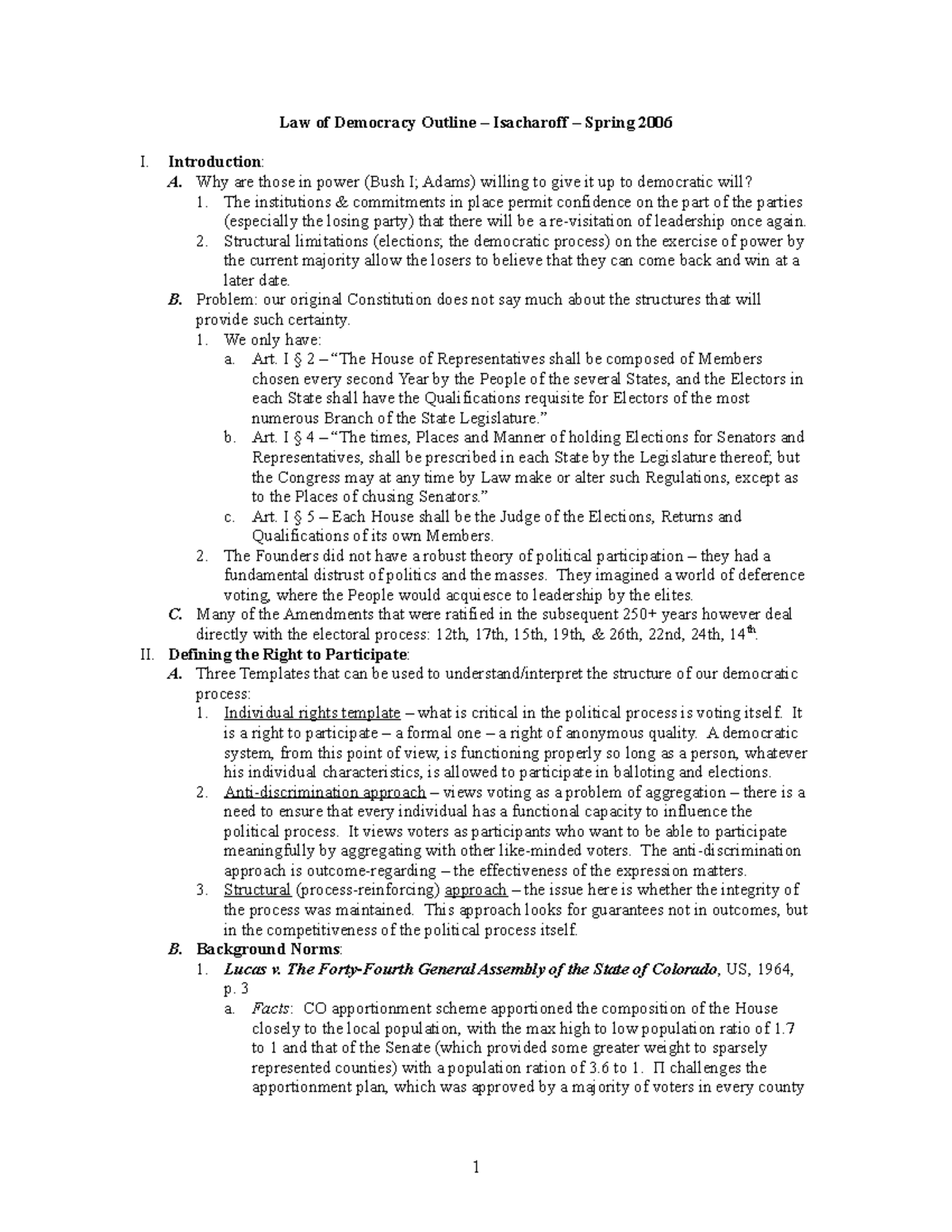 Isacharoff - LAW OF DEMOCRACY OUTLINE. - Law of Democracy Outline ...