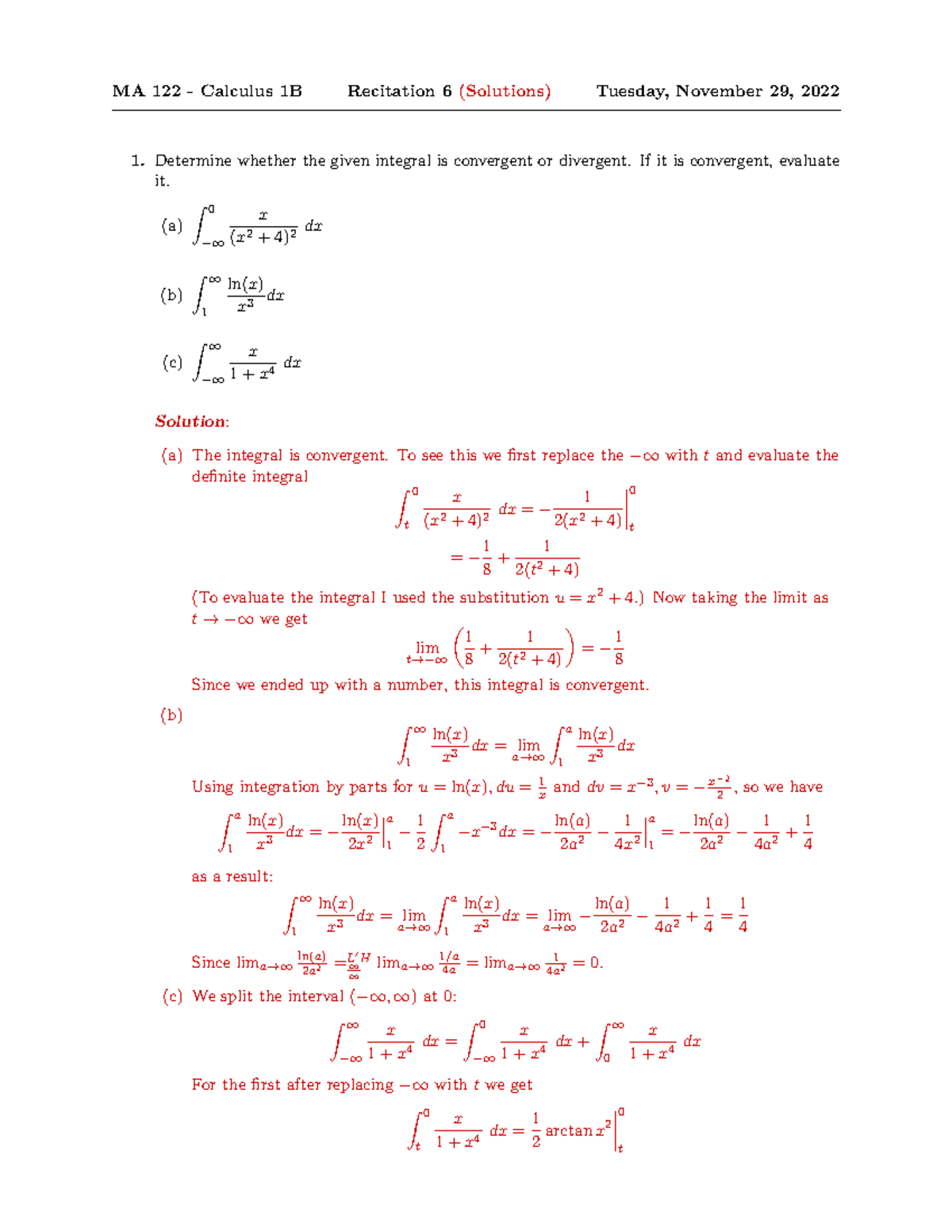 MA122 22F2 Rc6 sol - Professor: Denis Serbin - MA 122 - Calculus 1B Recitation 6 (Solutions ...