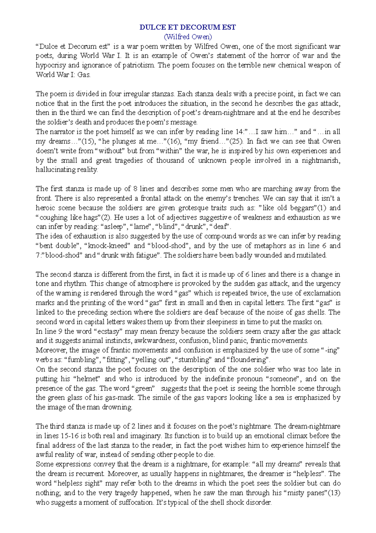 Dulce and decorum est - analisi componimento in lingua - DULCE ET ...