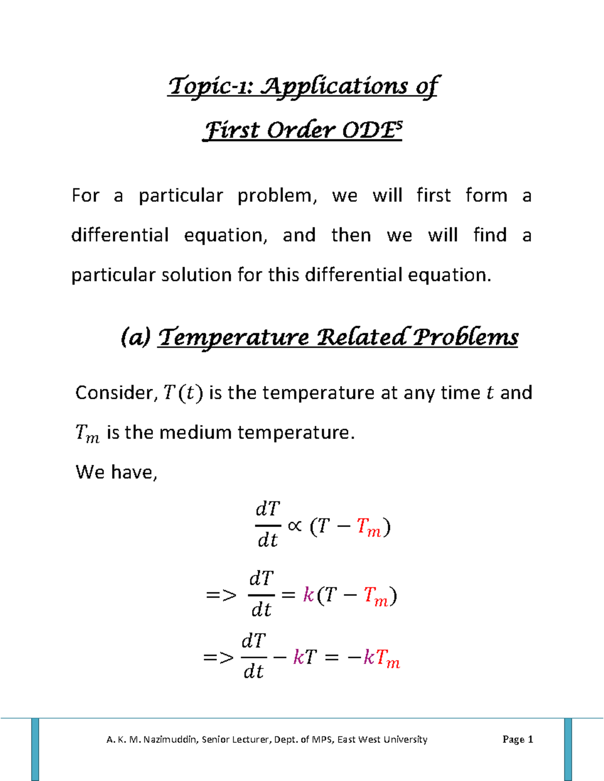Lecture-1 lecture 01 - Topic- 1 : Applications of First Order ODE S For ...