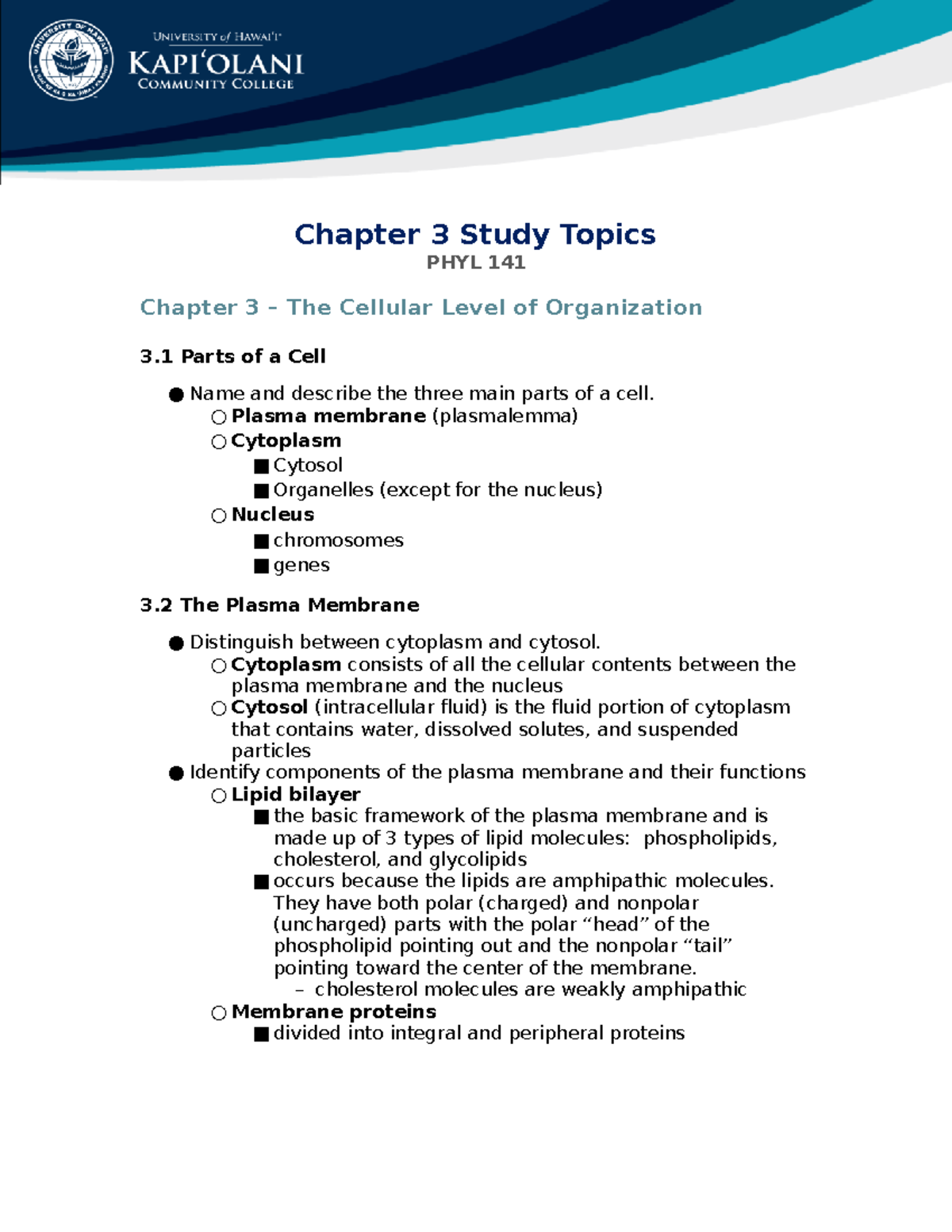 Chapter 3 Study Topics - Chapter 3 Study Topics PHYL 141 Chapter 3 ...
