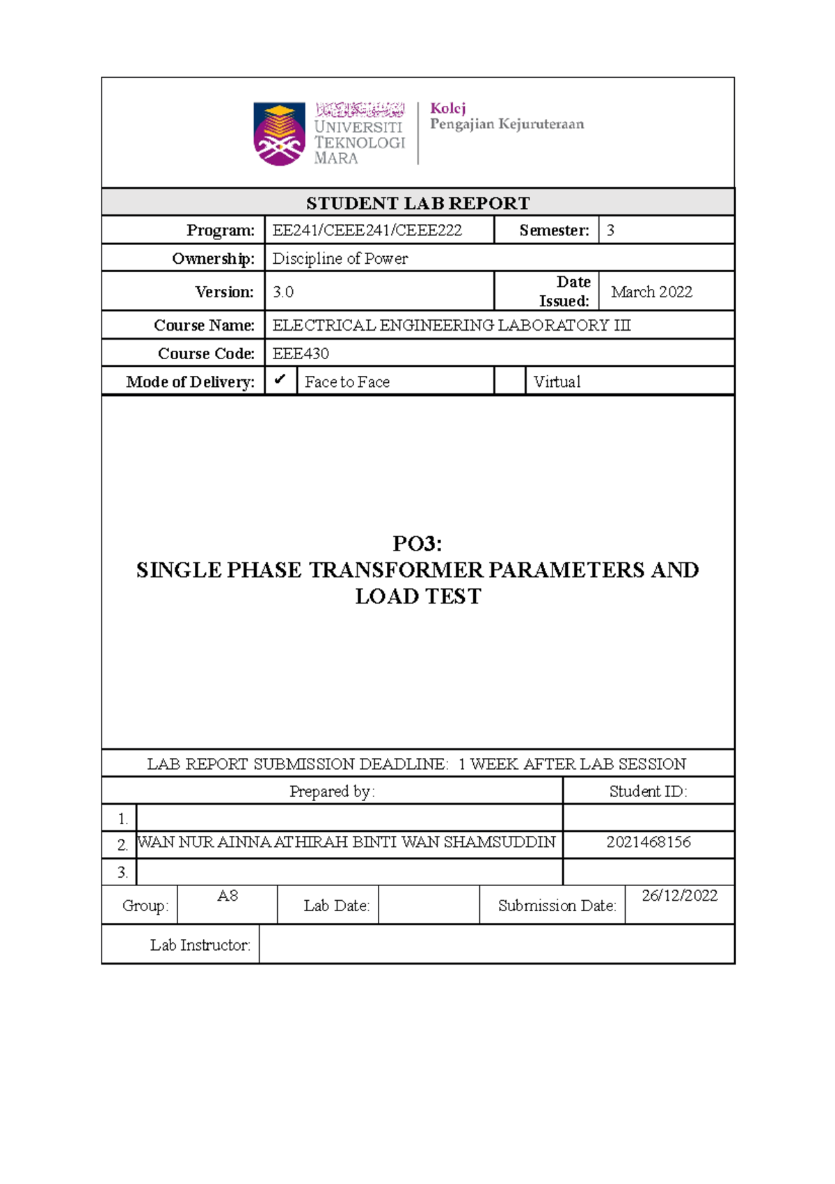 PO3 Single Phase Transformer Parameters and Load Test - STUDENT LAB ...