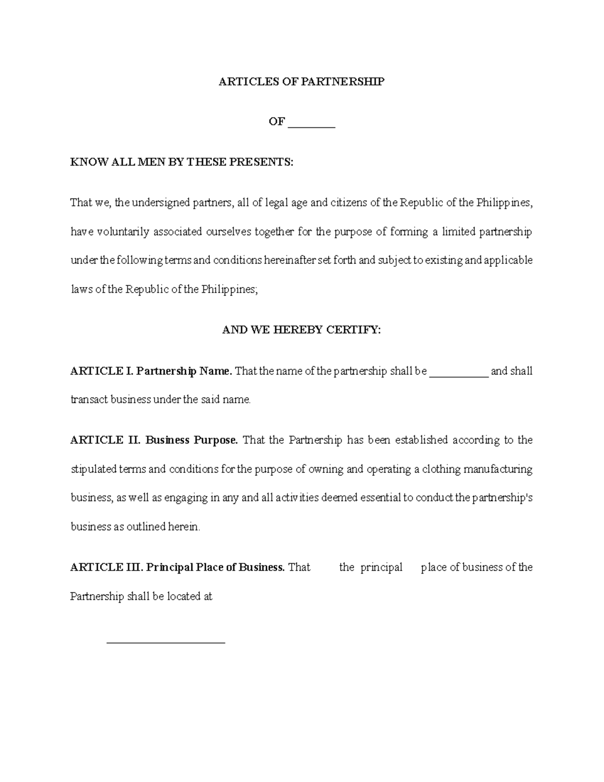 Articles of Partnership - ARTICLES OF PARTNERSHIP OF ________ KNOW ALL ...