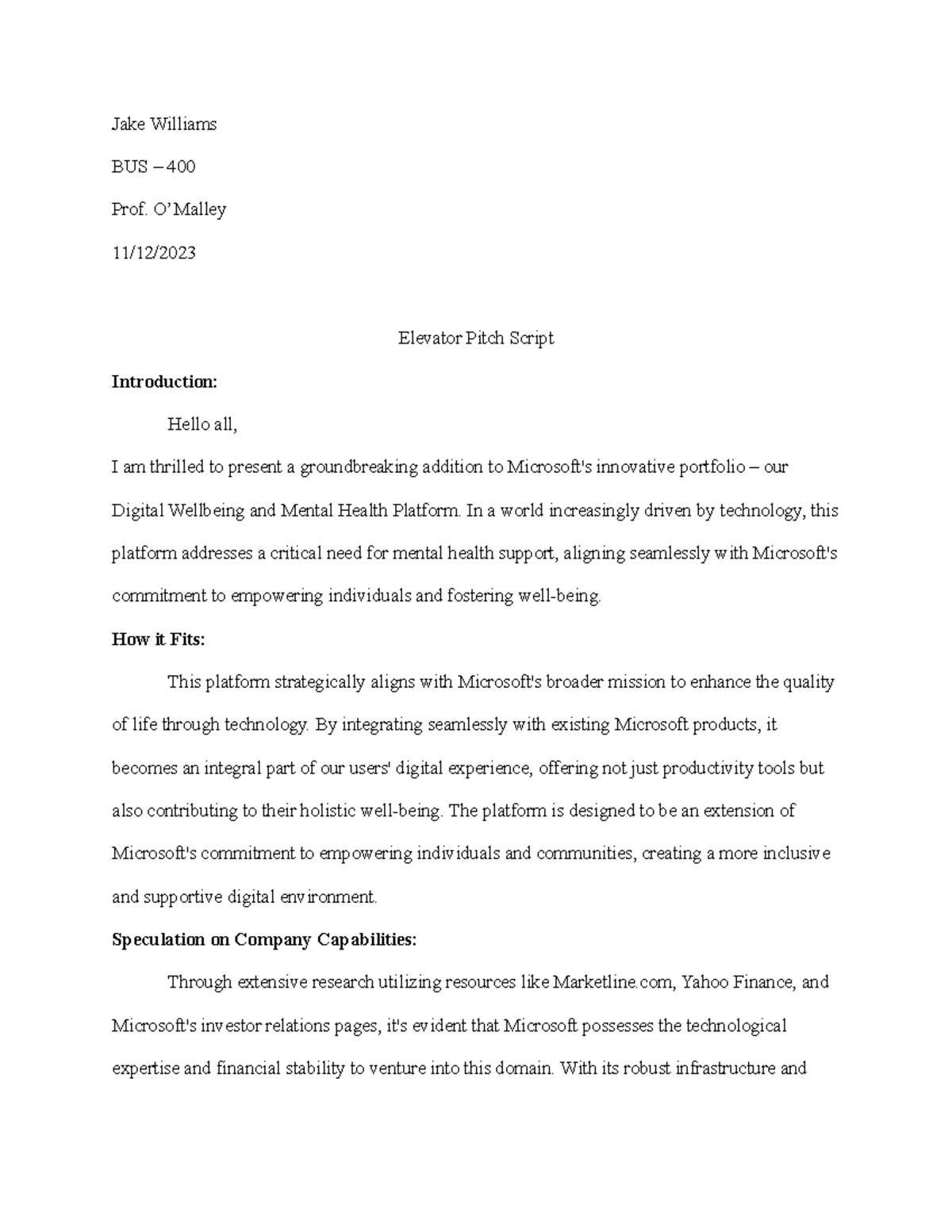 BUS-400 Elevator Script JW - Jake Williams BUS – 400 Prof. O’Malley 11 ...