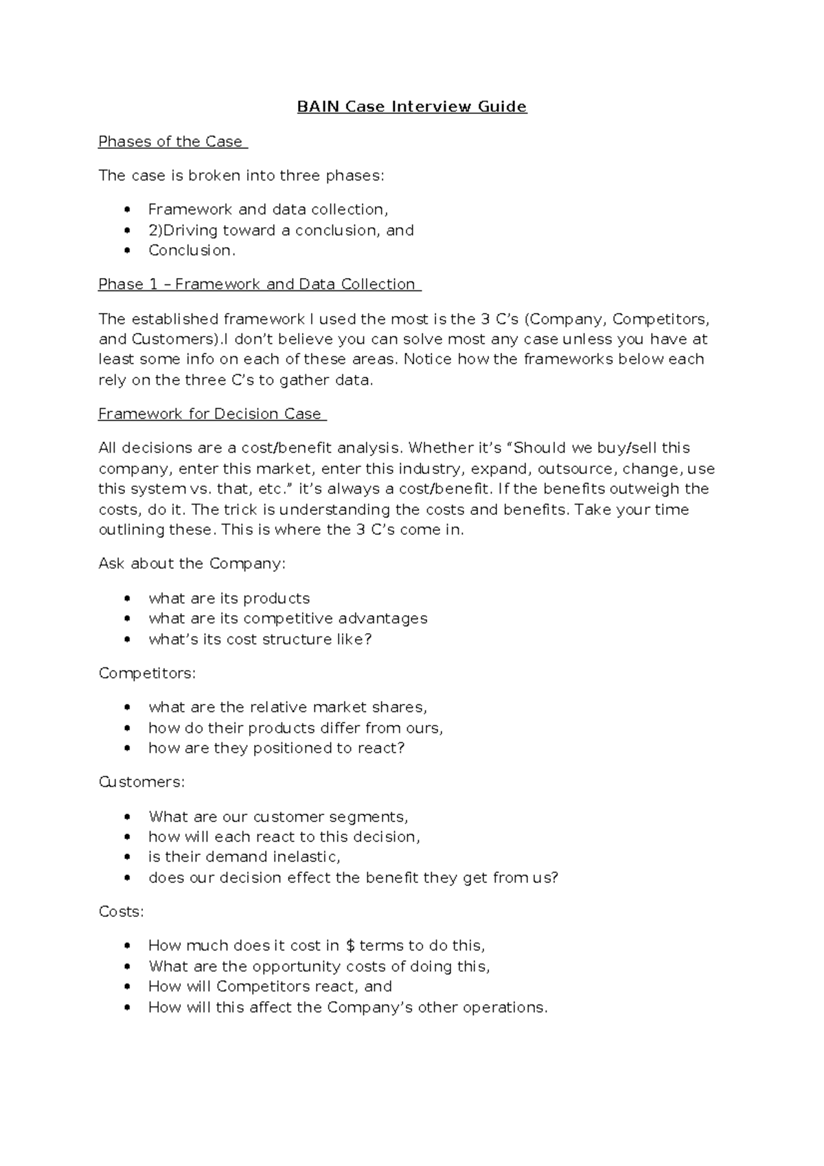 BAIN Case Interview Guide - BAIN Case Interview Guide Phases of the Case The case is broken into ...