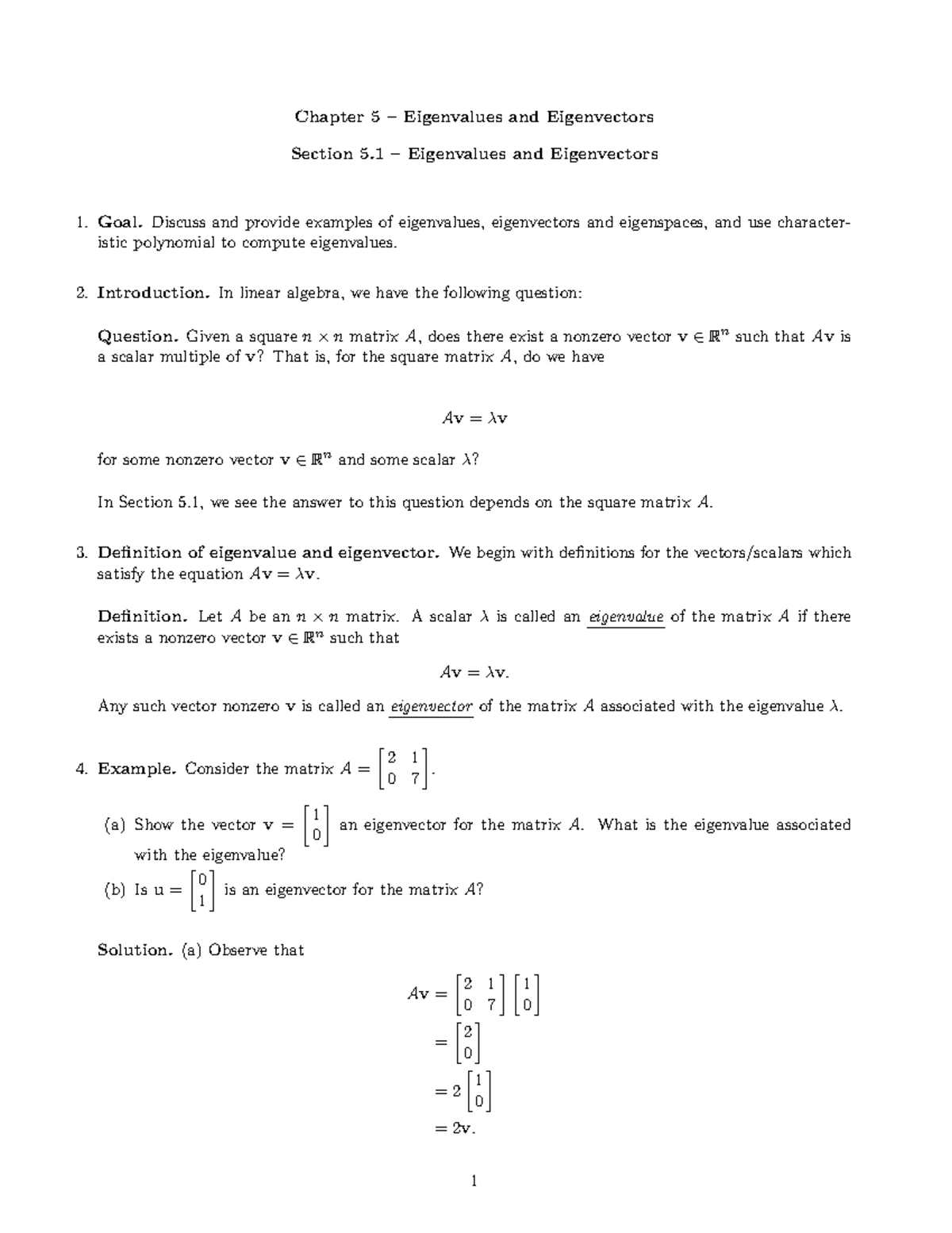 MATH 3100 Section 5.1 post - Chapter 5 – Eigenvalues and Eigenvectors Section 5 – Eigenvalues ...