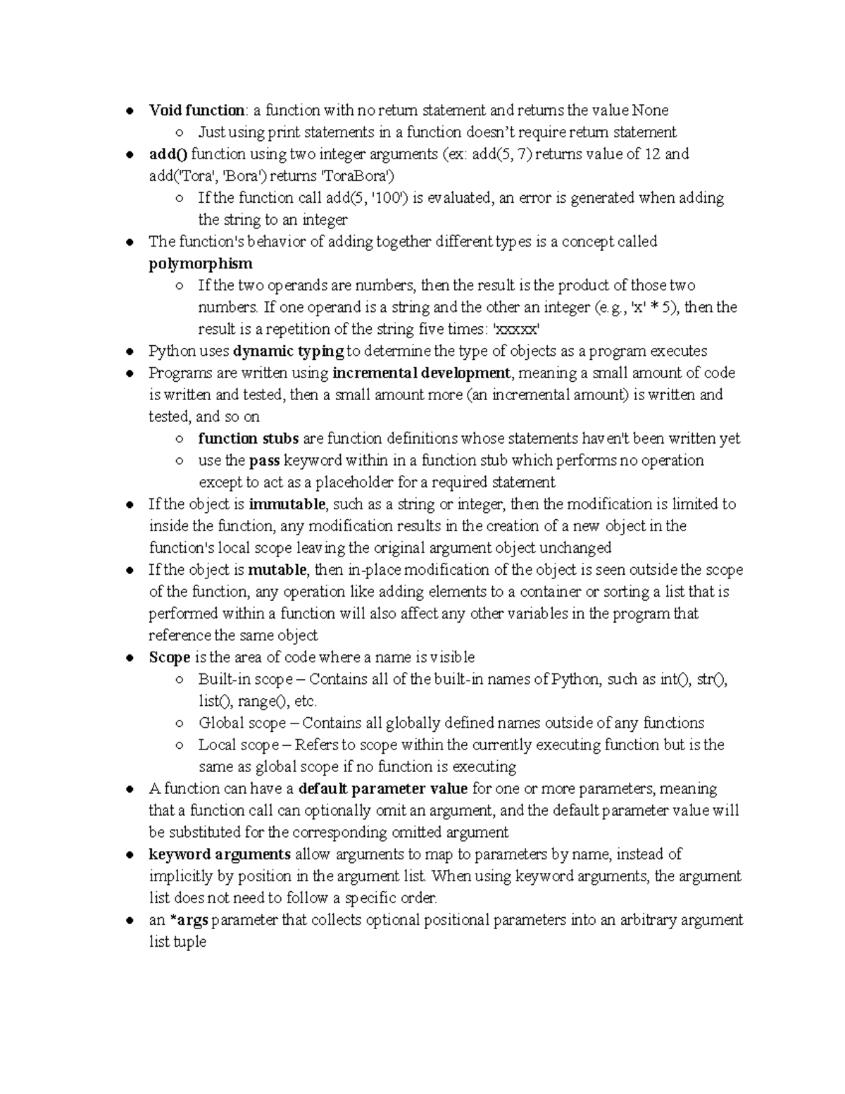 Week 5 Notes - Professor Shirazi - Void function: a function with no ...