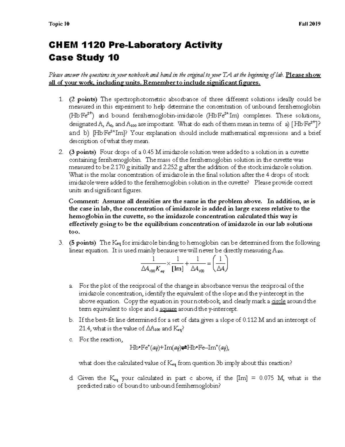 Topic 10 Hemoglobin Prelab f19 Olson - Topic 10 Fall 2019 CHEM 1120 Pre ...