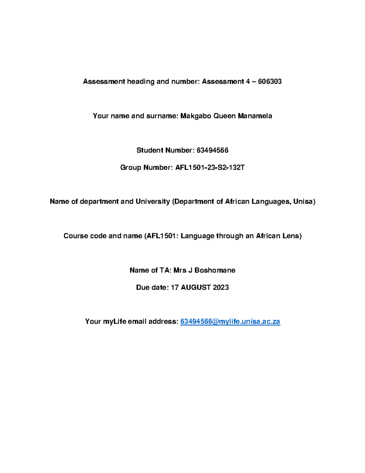 AFL1501 Assignment 4 - VERY HELPFUL - Assessment heading and number: Assessment 4 – 606303 Your ...