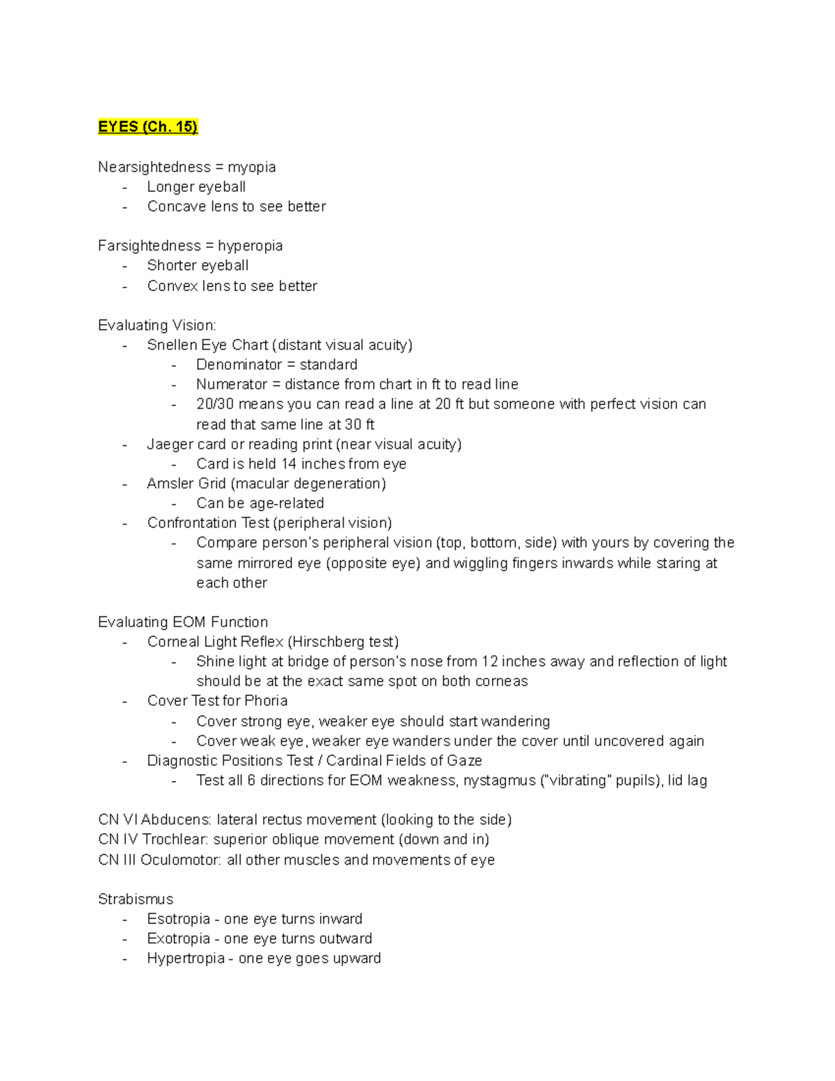 Health Assessment Exam 2 Study Guide - EYES (Ch. 15) Nearsightedness ...