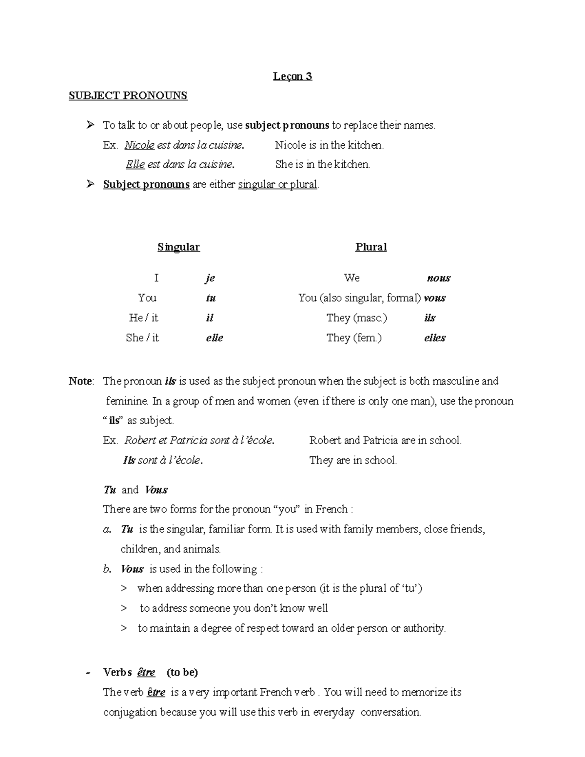 Leçon 3 The Subject Pronouns, The Verbs Etre and Avoir, The Days and ...