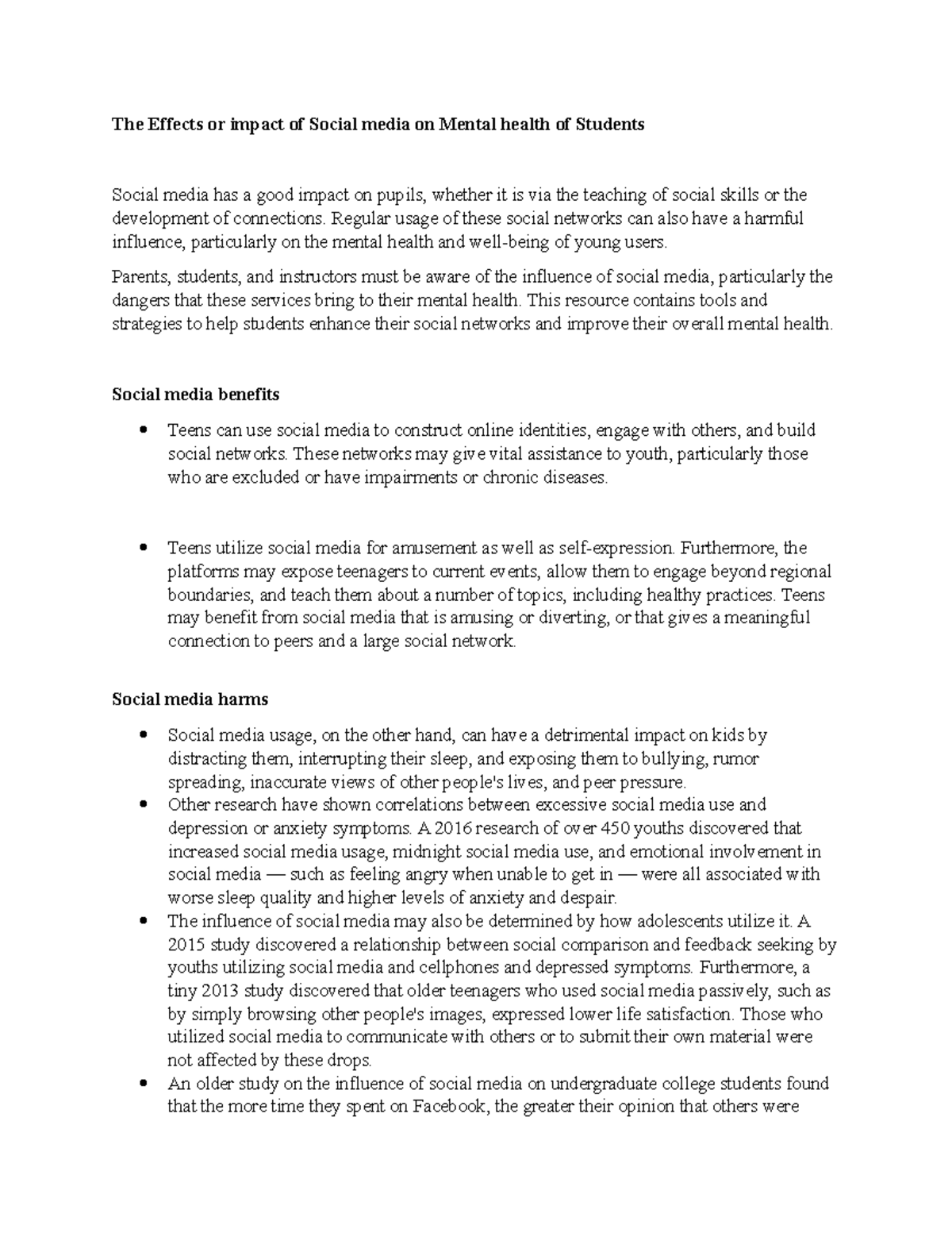 The Effects or impact of Social media on Mental health of Students ...