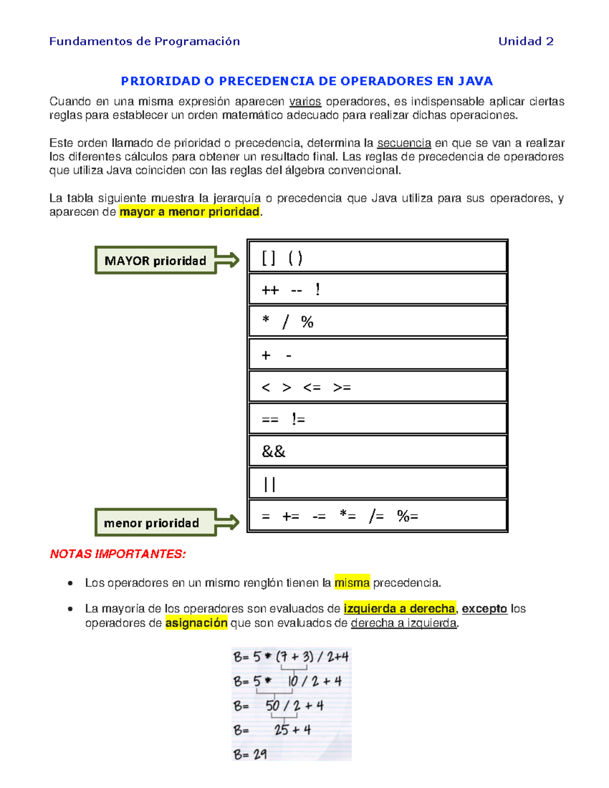 Prioridad de Operadores - Fundamentos de Programación Unidad 2 PRIORIDAD O PRECEDENCIA DE ...