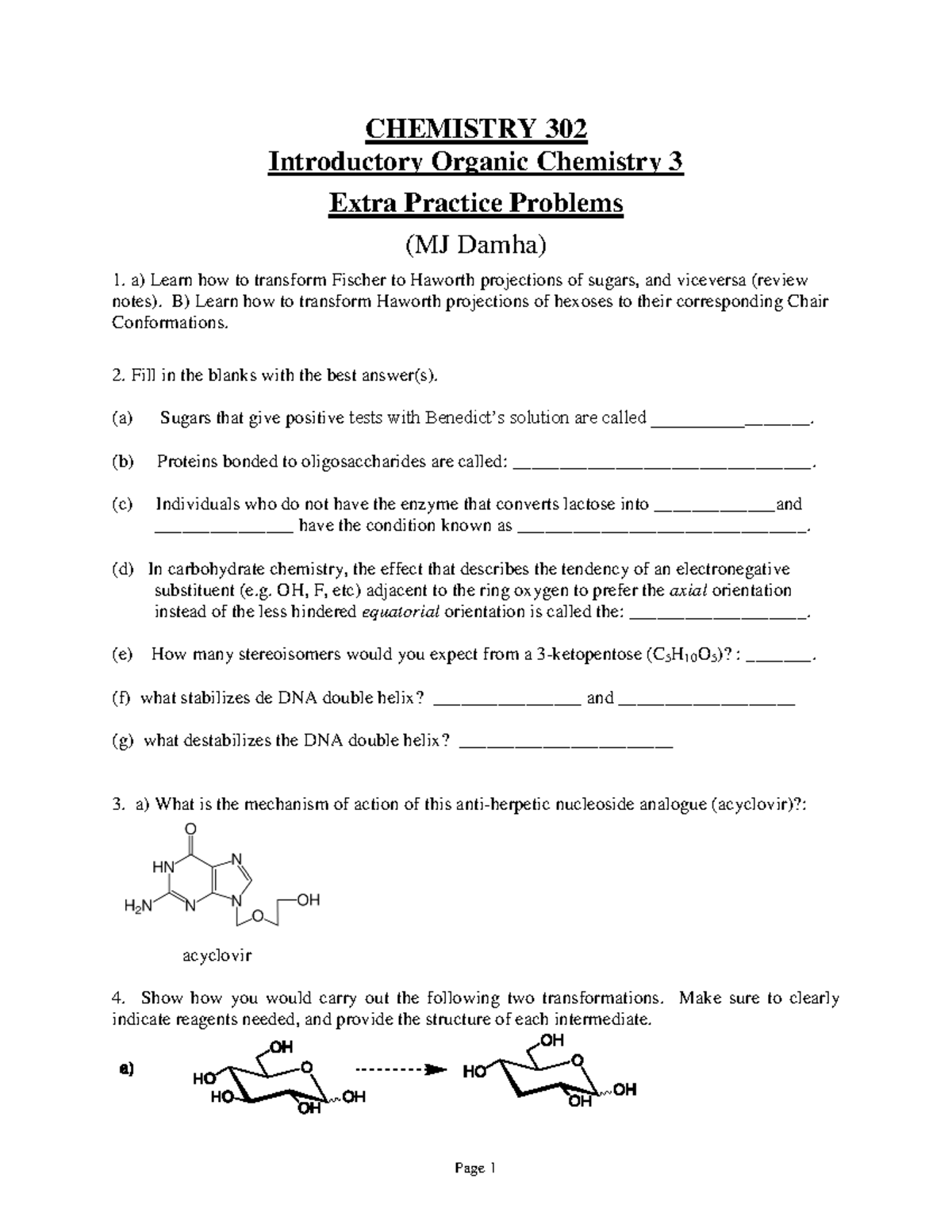 Extra Practice Problems 2022 - Page 1 CHEMISTRY 302 Introductory Organic Chemistry 3 Extra ...