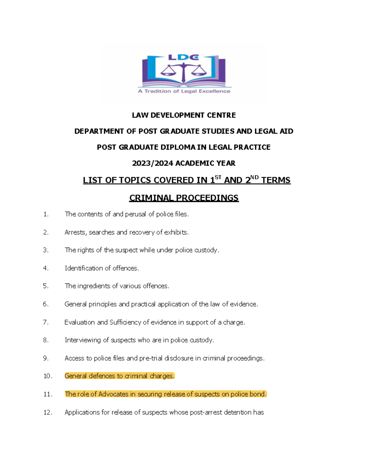 Criminal Proceedings - Topics Covered - LAW DEVELOPMENT CENTRE DEPARTMENT OF POST GRADUATE ...