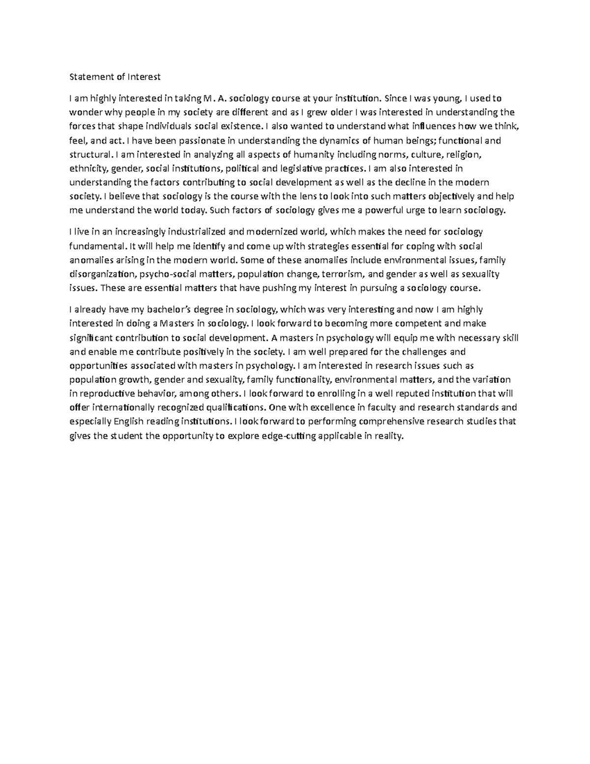 Statement of interest - sociology - Statement of Interest I am highly ...