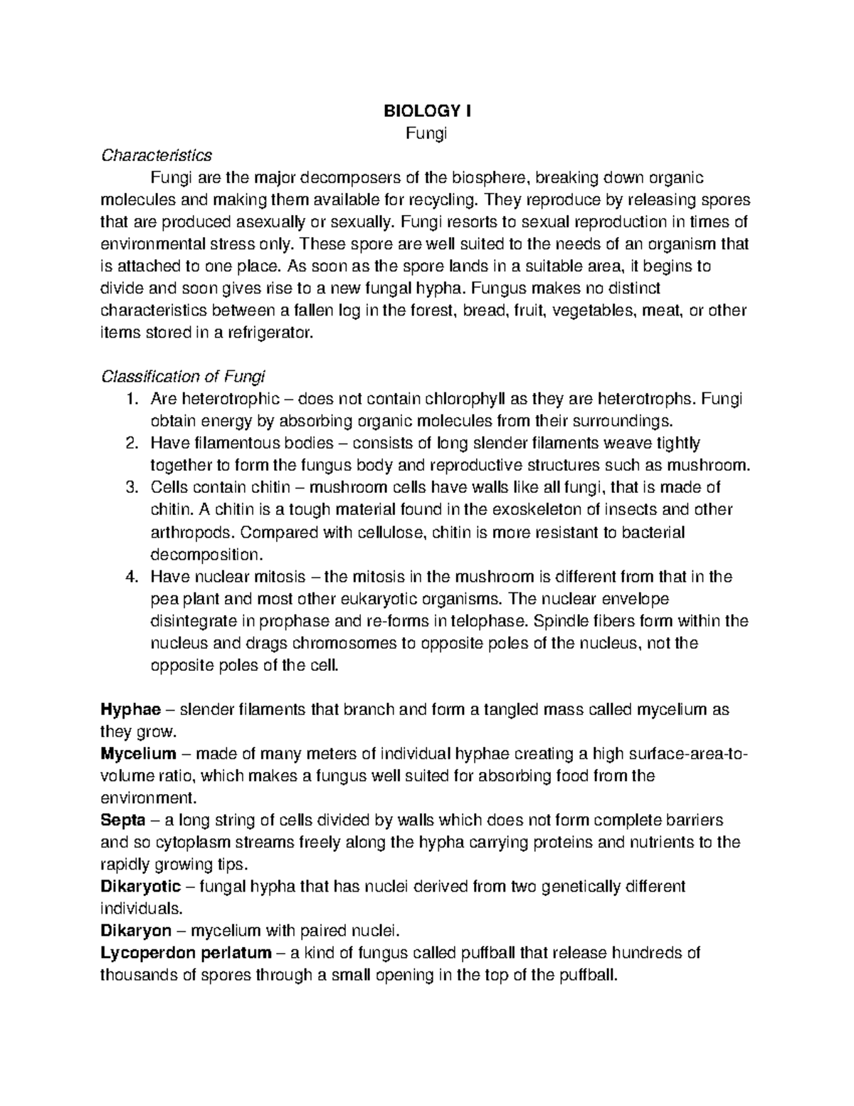 Biology I (Fungi) 013350 014619 - BIOLOGY I Fungi Characteristics Fungi ...