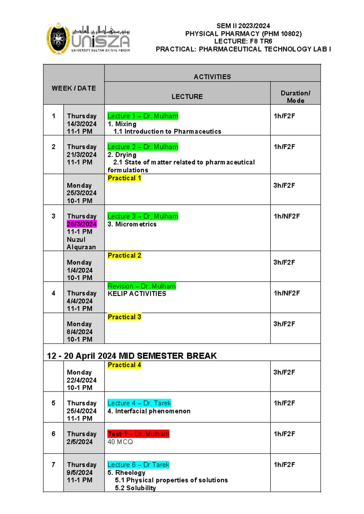 Schedule Physical Pharmacy SEM 2 2023 2024 - SEM II 2023/ PHYSICAL PHARMACY (PHM 10802) LECTURE ...