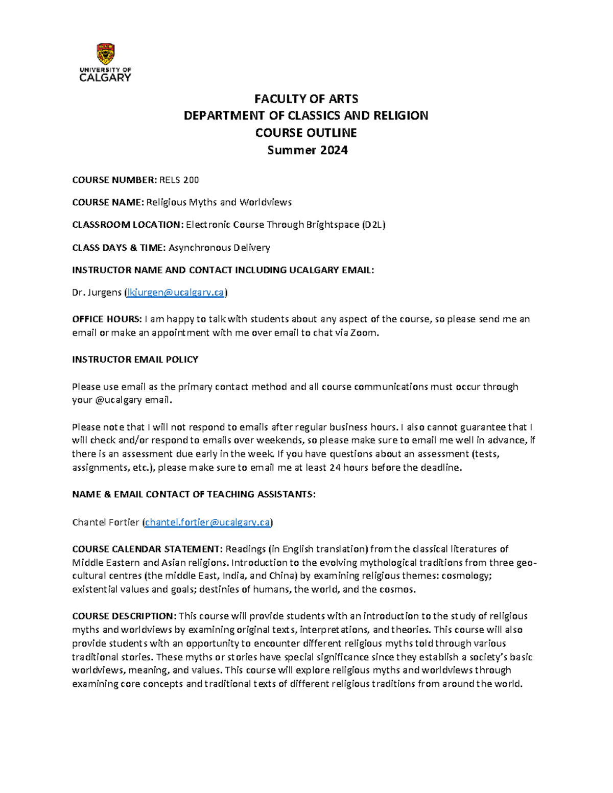 Course Outline for RELS 200 (Summer 2024) - Jurgens - FACULTY OF ARTS DEPARTMENT OF CLASSICS AND ...
