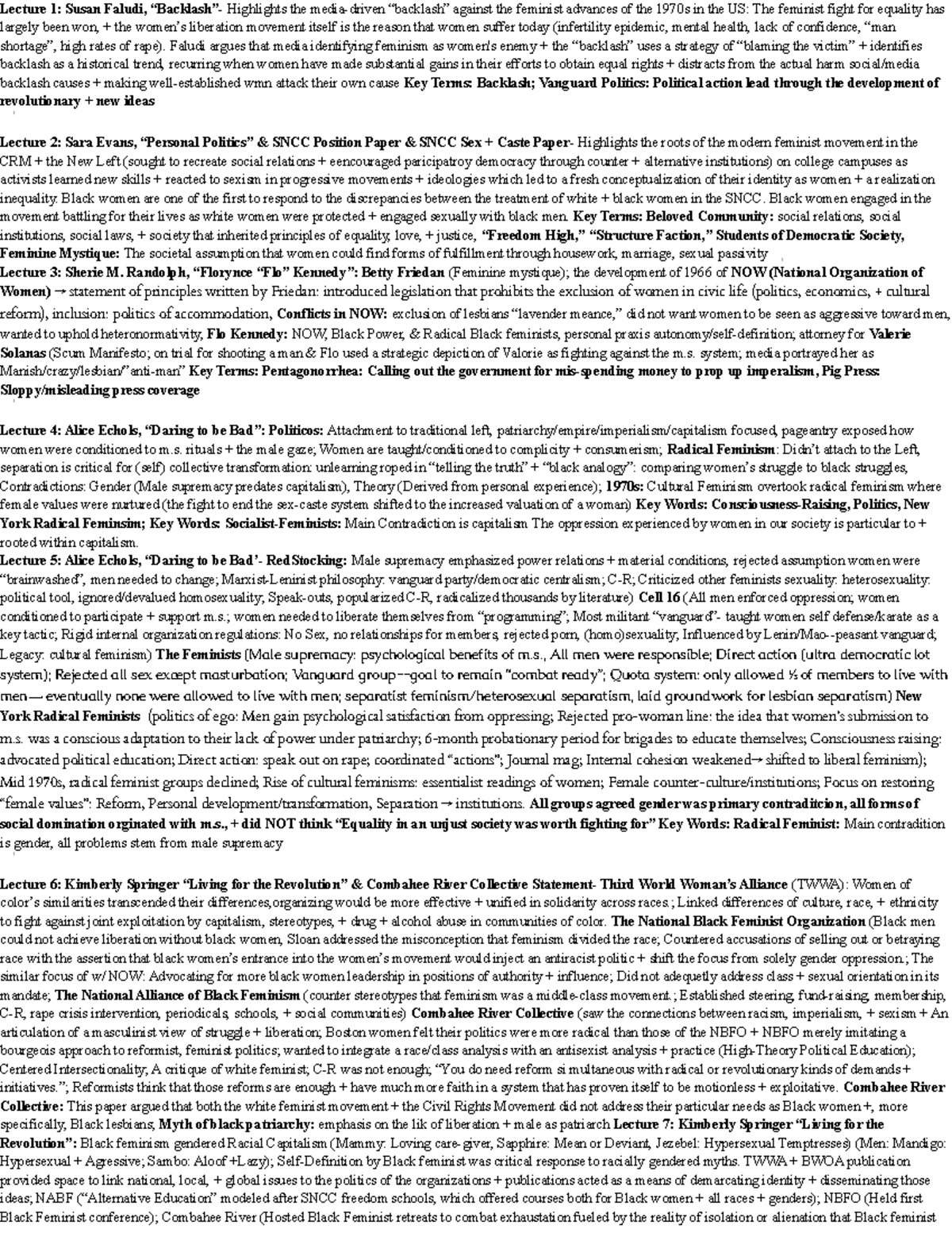 Midterm Sheet - Lecture 1: Susan Faludi, “Backlash”- Highlights the ...