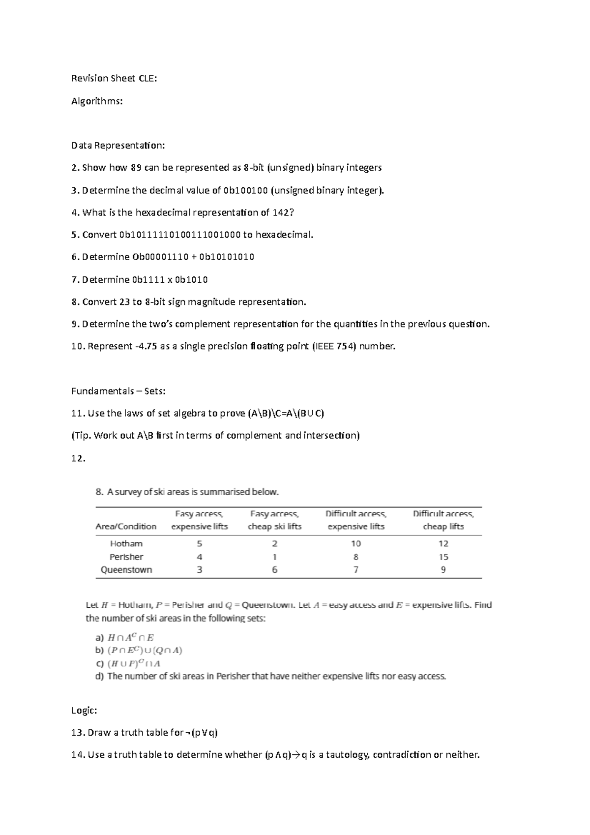 Revision Sheet CLE - Revision Sheet CLE: Algorithms: Data ...