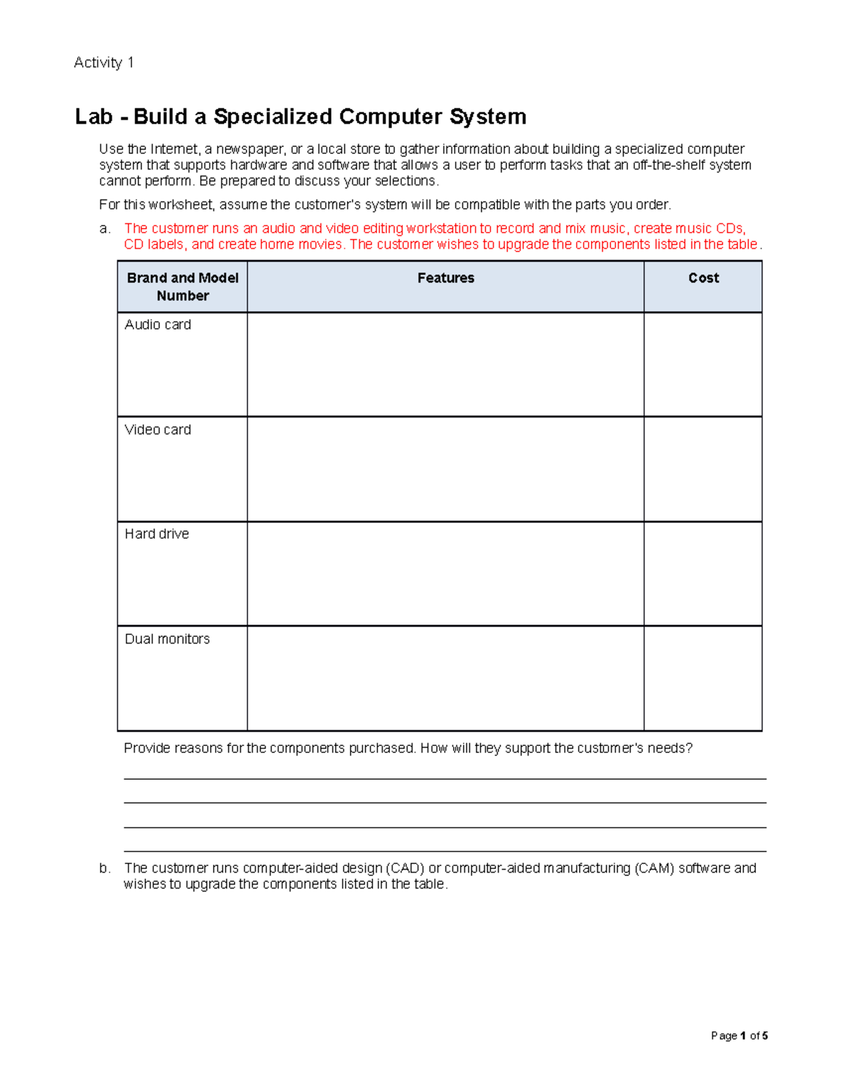 Activity 1 Lab - Build a Specialized Computer System - Be prepared to ...