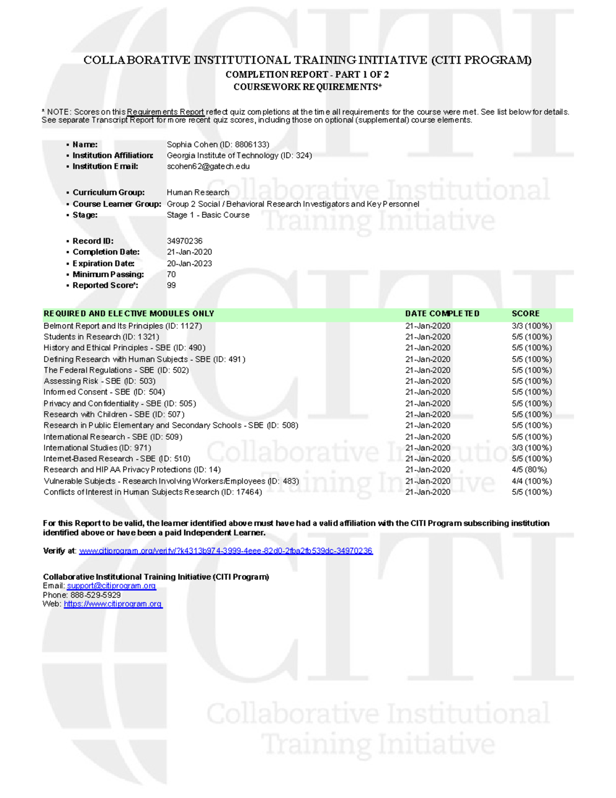 Citi report - COLLABORATIVE INSTITUTIONAL TRAINING INITIATIVE (CITI PROGRAM) COMPLETION REPORT ...